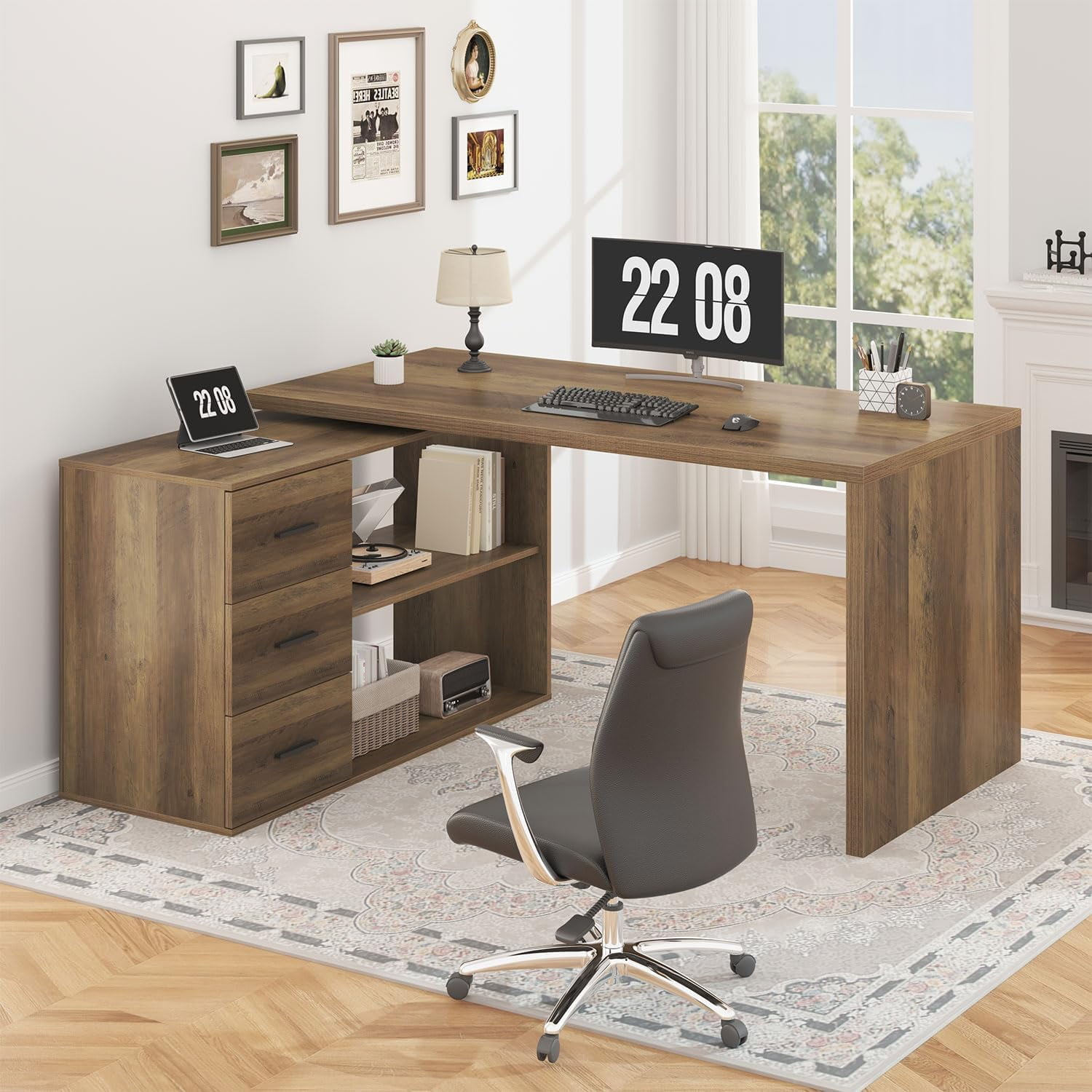 SASYXDC L Shaped Computer with Drawers 360 Rotating L Shape with ...