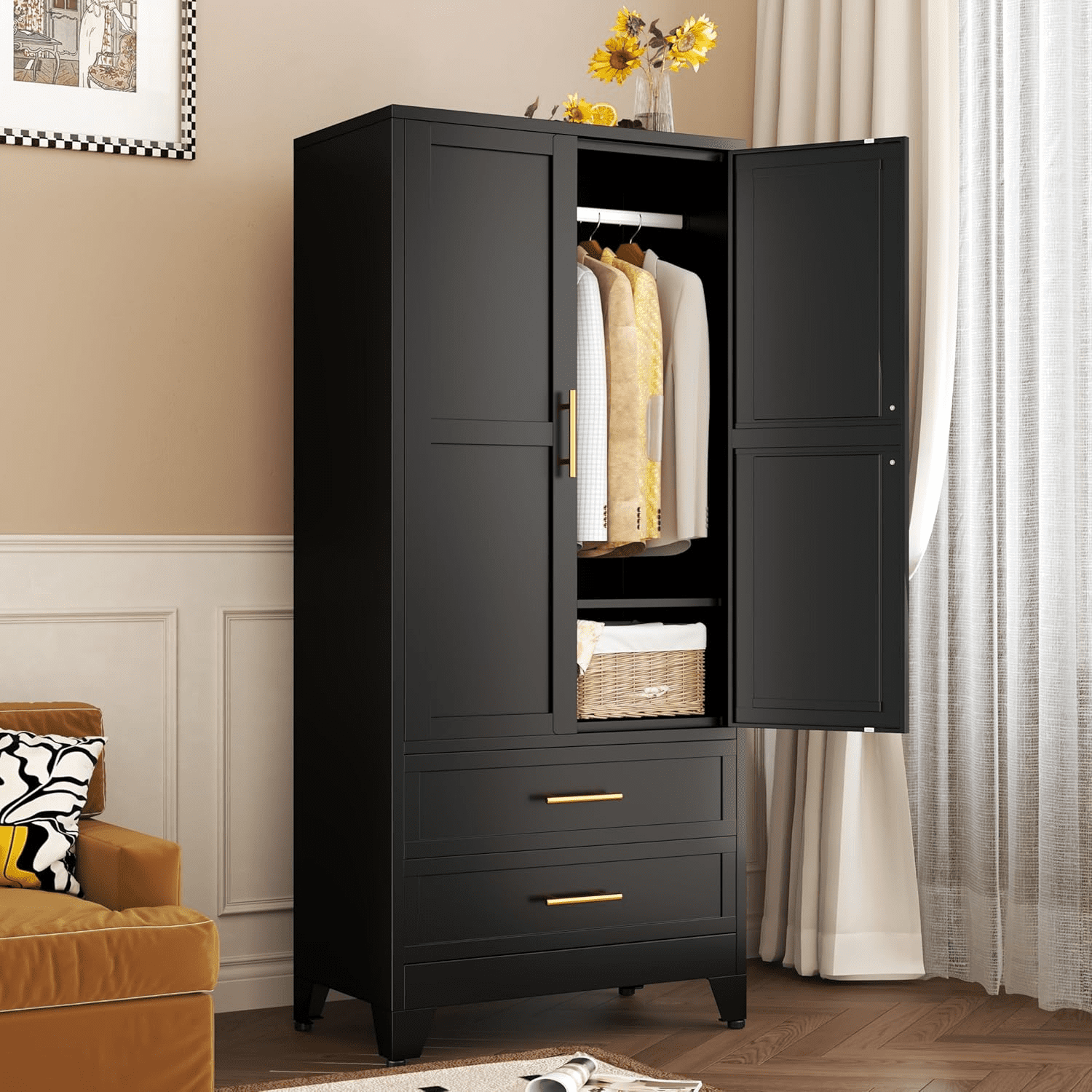 SASYXDC Metal Armoire Wardrobe Closet with 2 Drawers and Hanging Rod ...