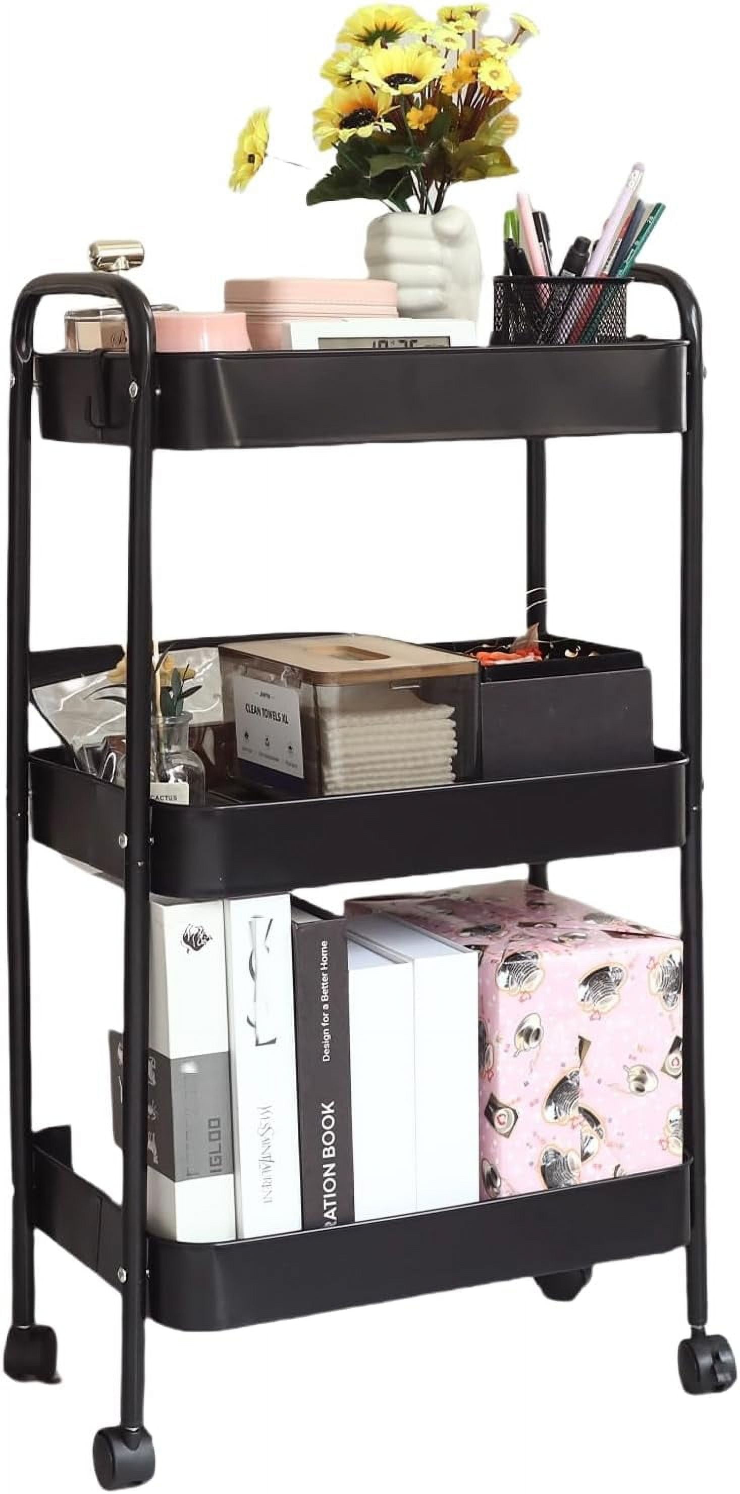 SASYXDC Metal Utility Cart with Wheels Three Tier Rolling Cart Storage ...