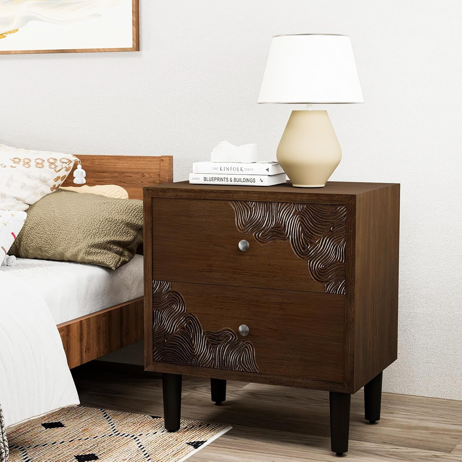 SASYXDC Mid-Century MDF Nightstand Small End Table with Stripe Pattern ...