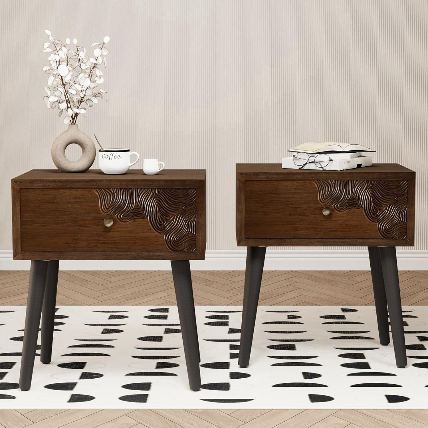 Mid-Century MDF Nightstand Small End Table with Stripe Pattern Brown ...