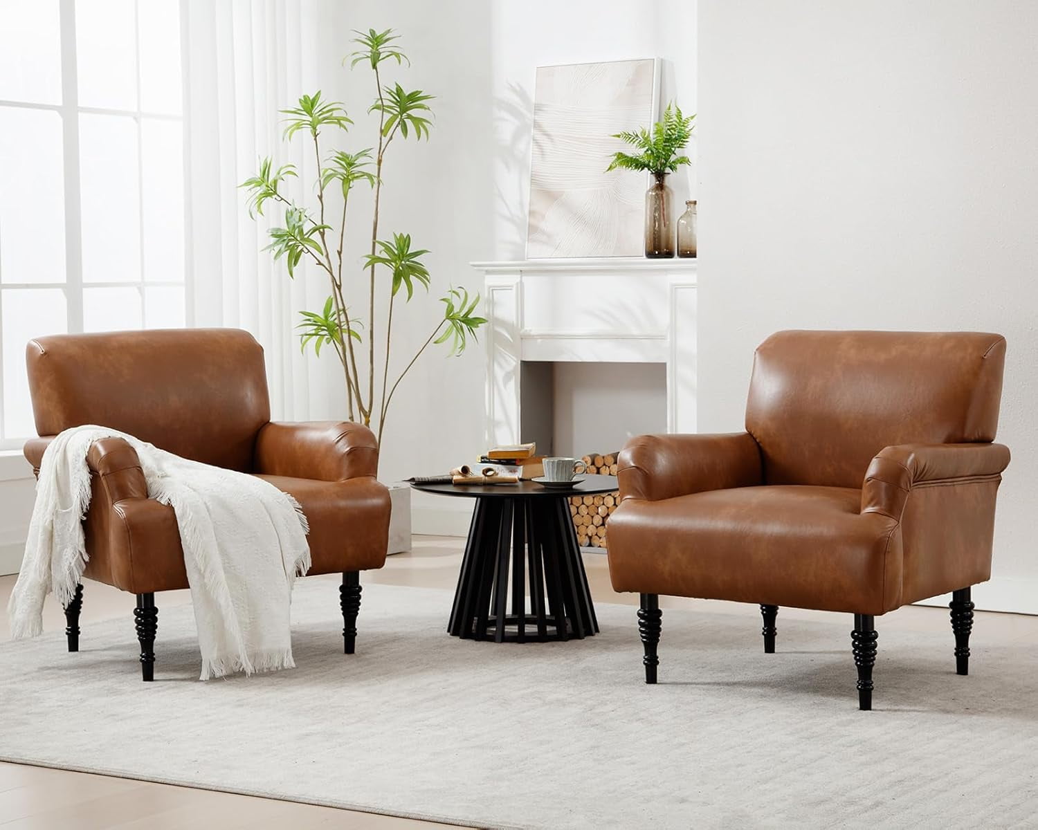 SASYXDC Mid Century Modern Leather Accent Armchair Comfy Upholstered ...