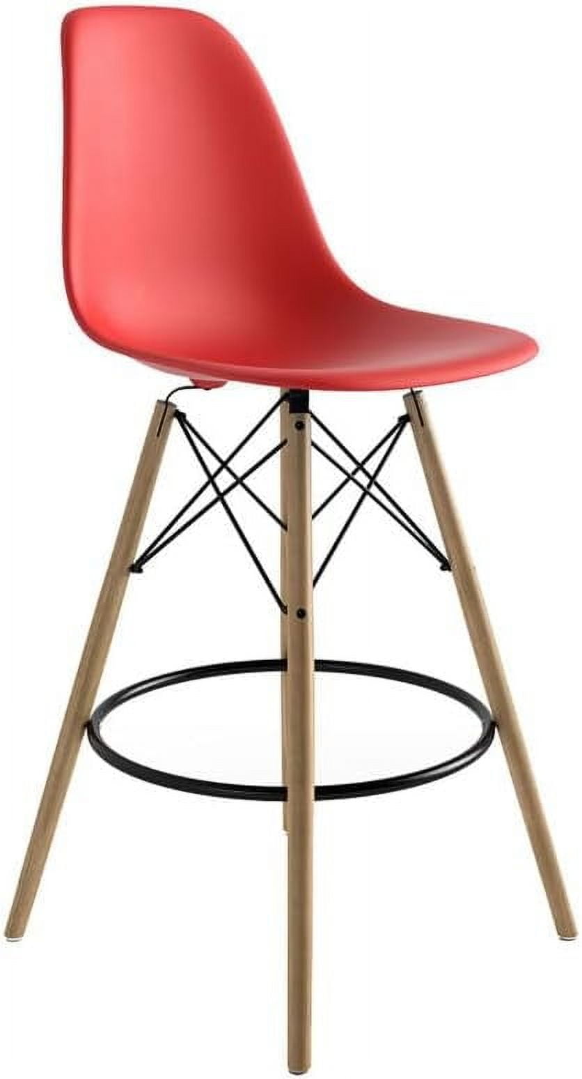 SASYXDC Molded Plastic Counter Stool with Wood Legs Matte Red Natural ...