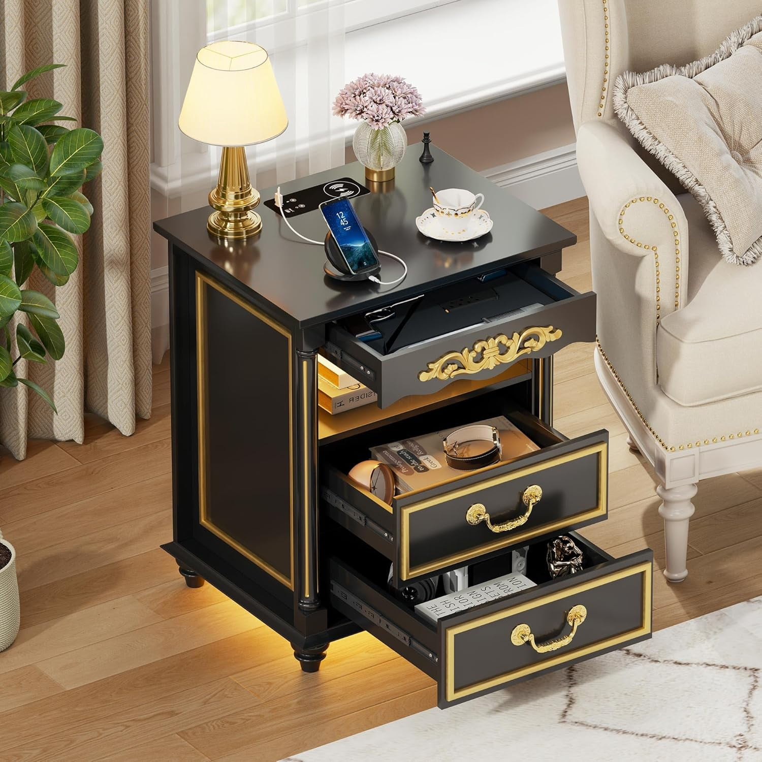 SASYXDC Nightstand with Gun Drawer Charging Bedside Table with USB ...