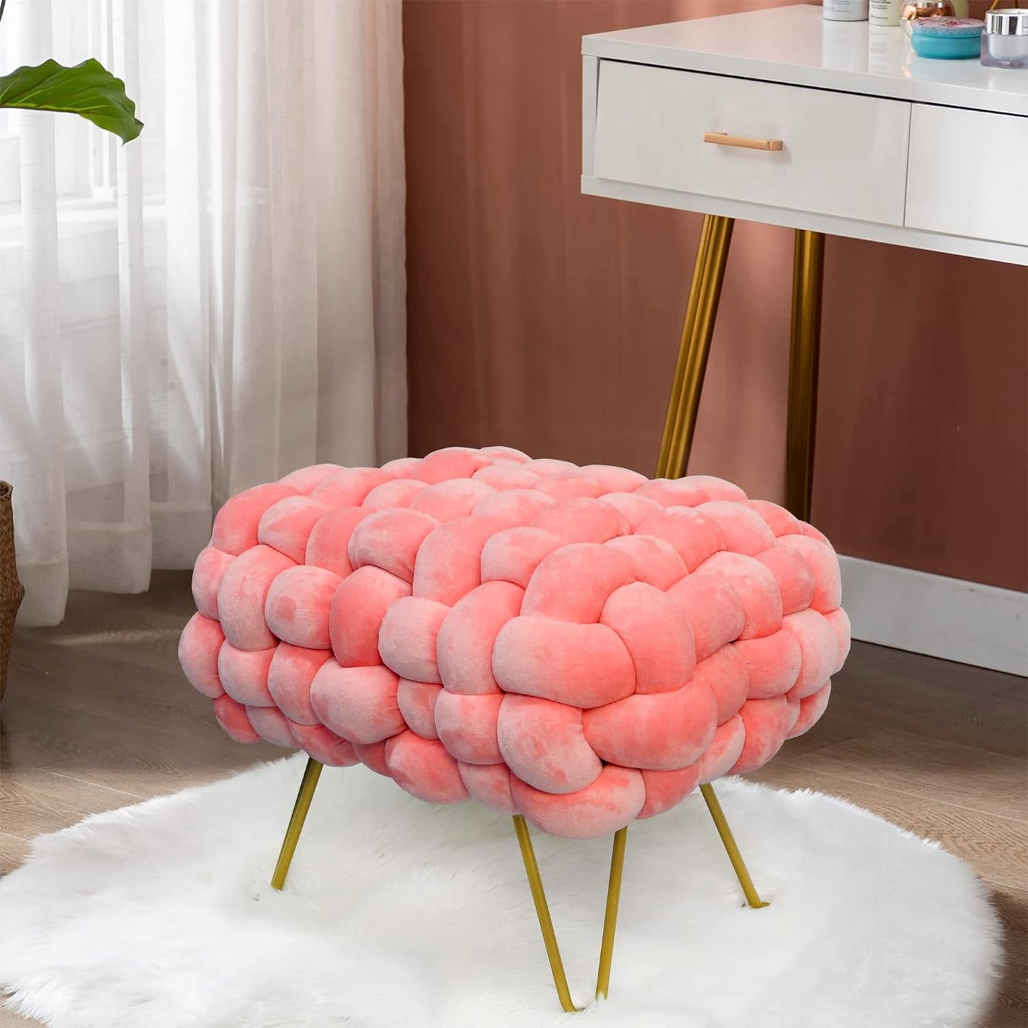 SASYXDC Pink Soft Upholstered Ottoman Fuzzy Entryway Bench Seat 27"x20 ...