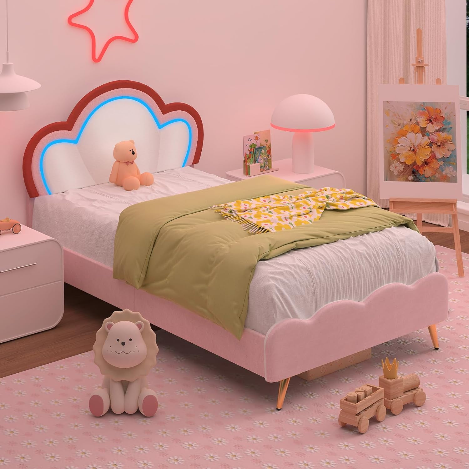 Queen Upholstered Smart LED Bed Frame with Adjustable Headboard ...