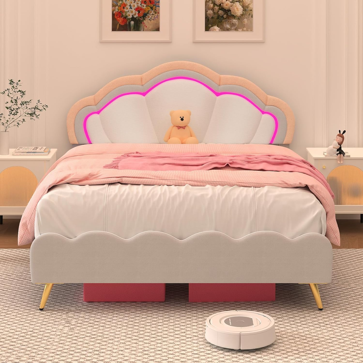 SASYXDC Queen Upholstered Smart LED Bed Frame with Adjustable Headboard ...