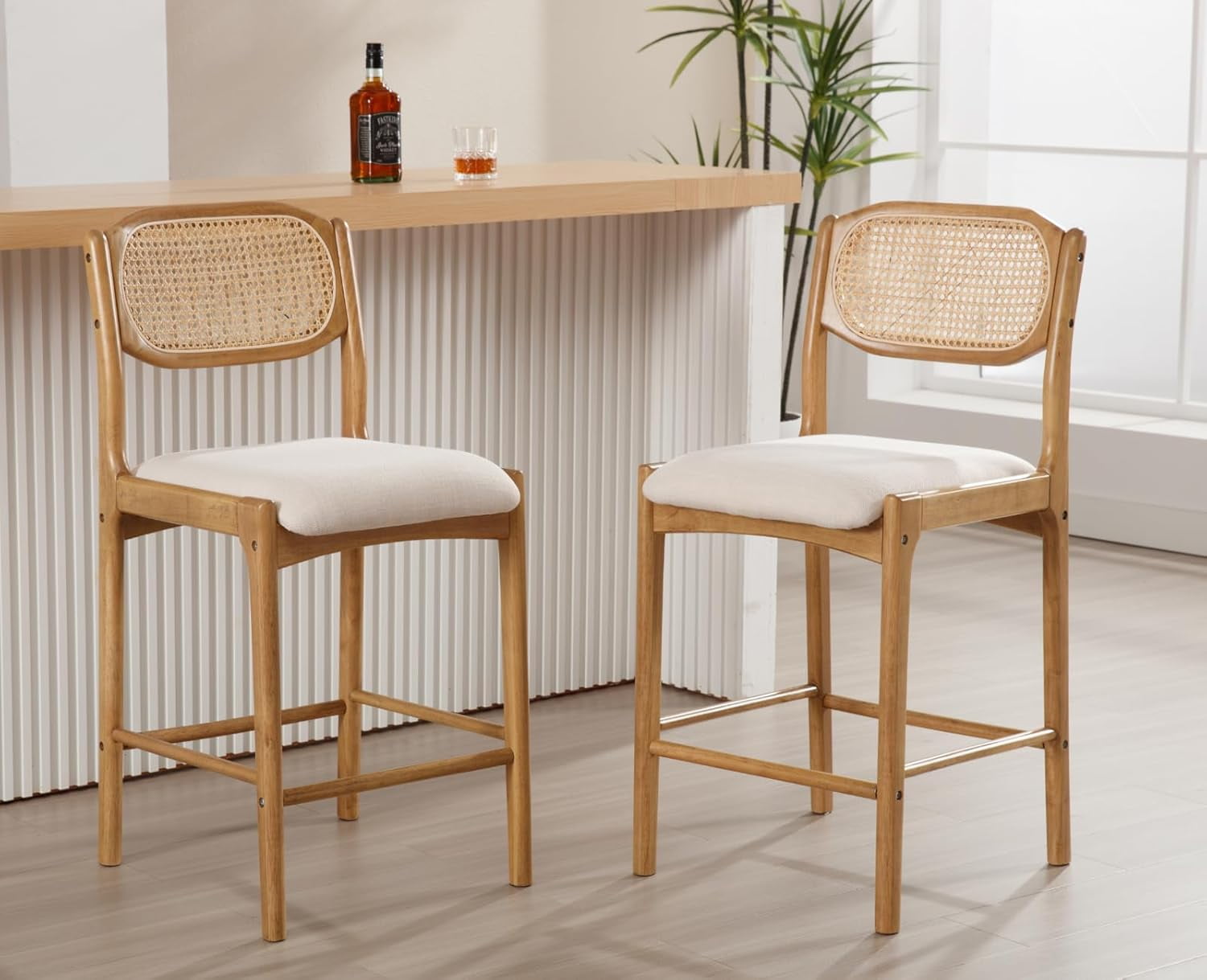 SASYXDC Rattan Counter Height Bar Stools Farmhouse Mid Century Modern ...