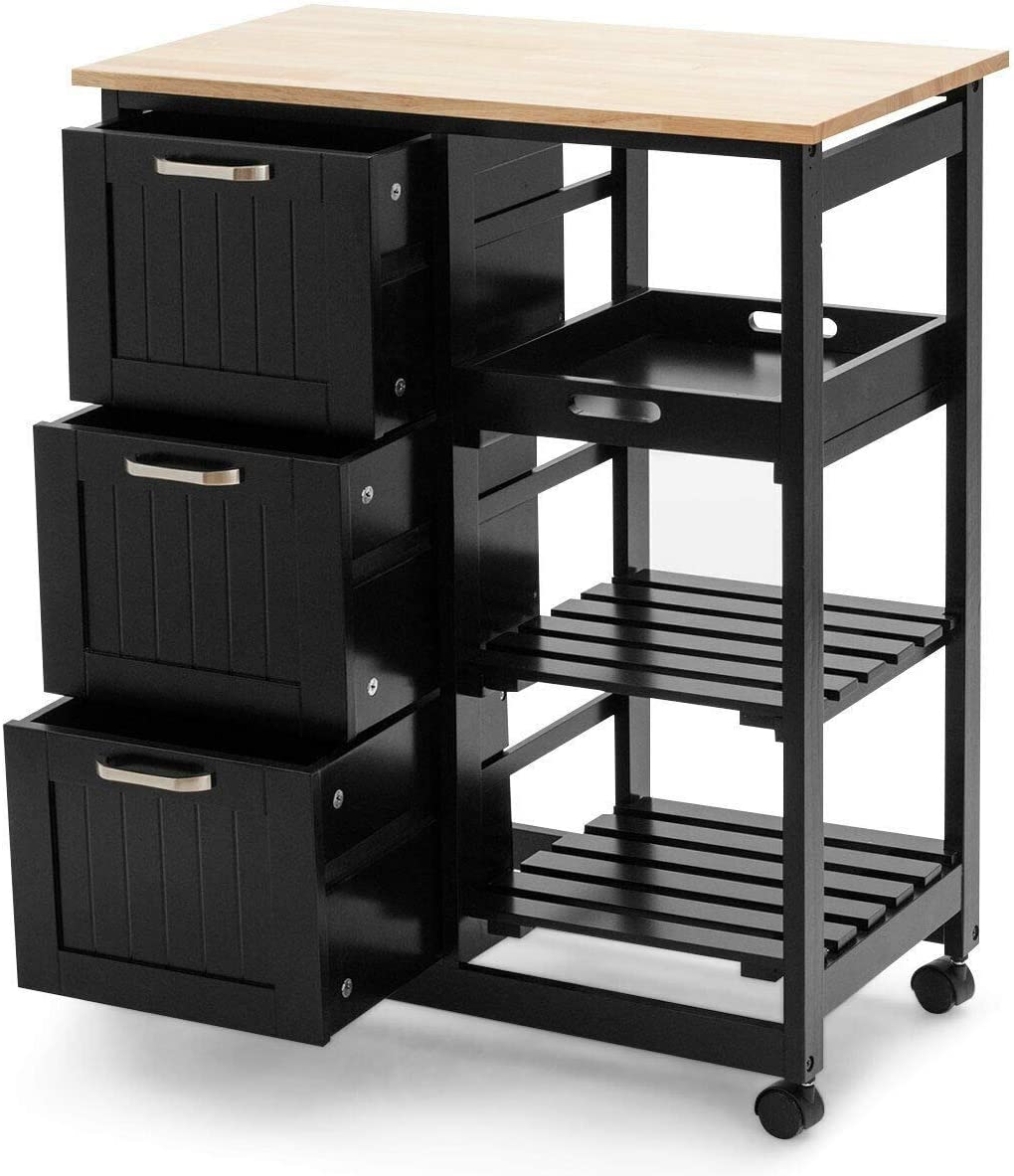 SASYXDC Rolling Kitchen Island Cart 3-Tier Industrial Wood Trolley ...