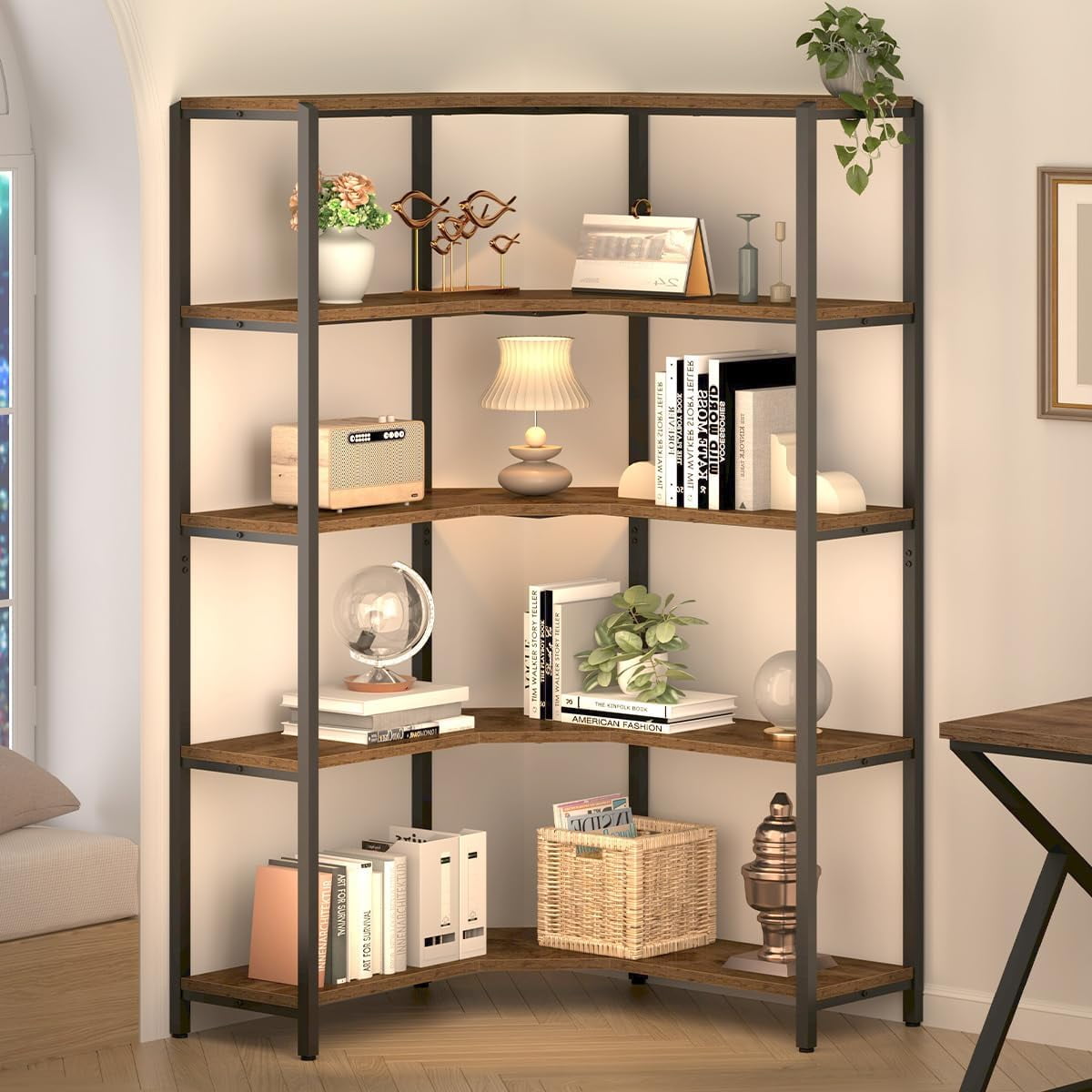 SASYXDC Rustic and Book Shelves L Shaped 5-Tier Corner Bookshelf Book ...