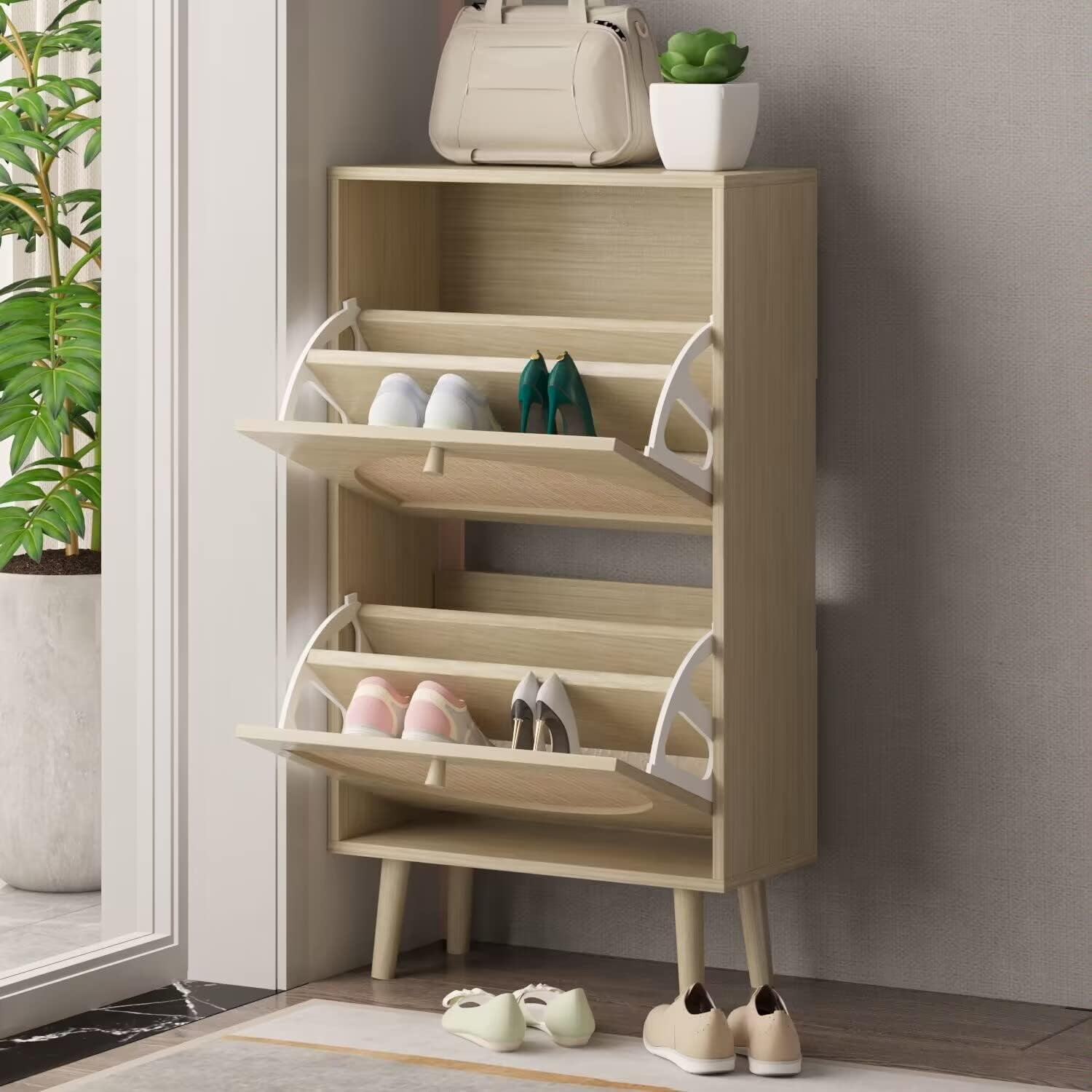 Shoe Cabinet with 2 Flip Drawers 2 Tier Freestanding Shoe Organizer ...