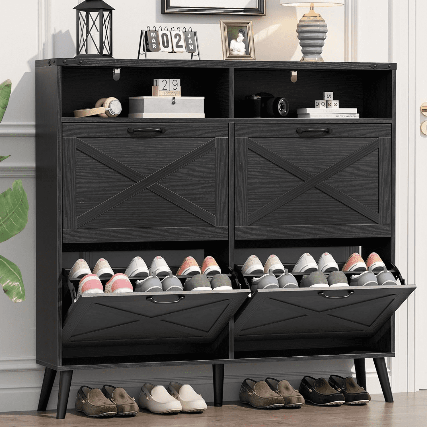 SASYXDC Shoe Cabinet with 4 Flip Drawers Farmhouse Shoe Storage Cabinet ...