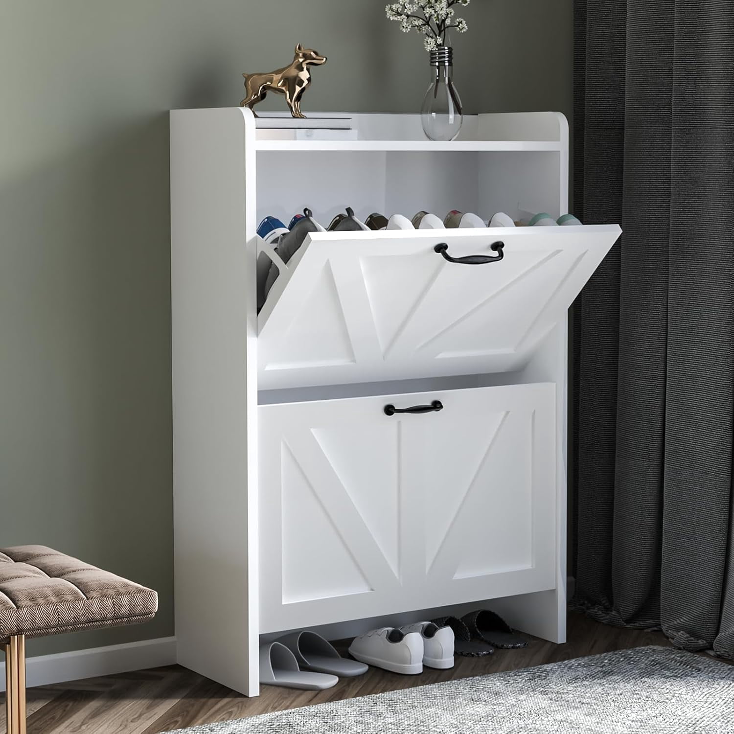 SASYXDC Shoe Cabinet with 4 Flip Drawers Farmhouse Shoe Storage Cabinet ...