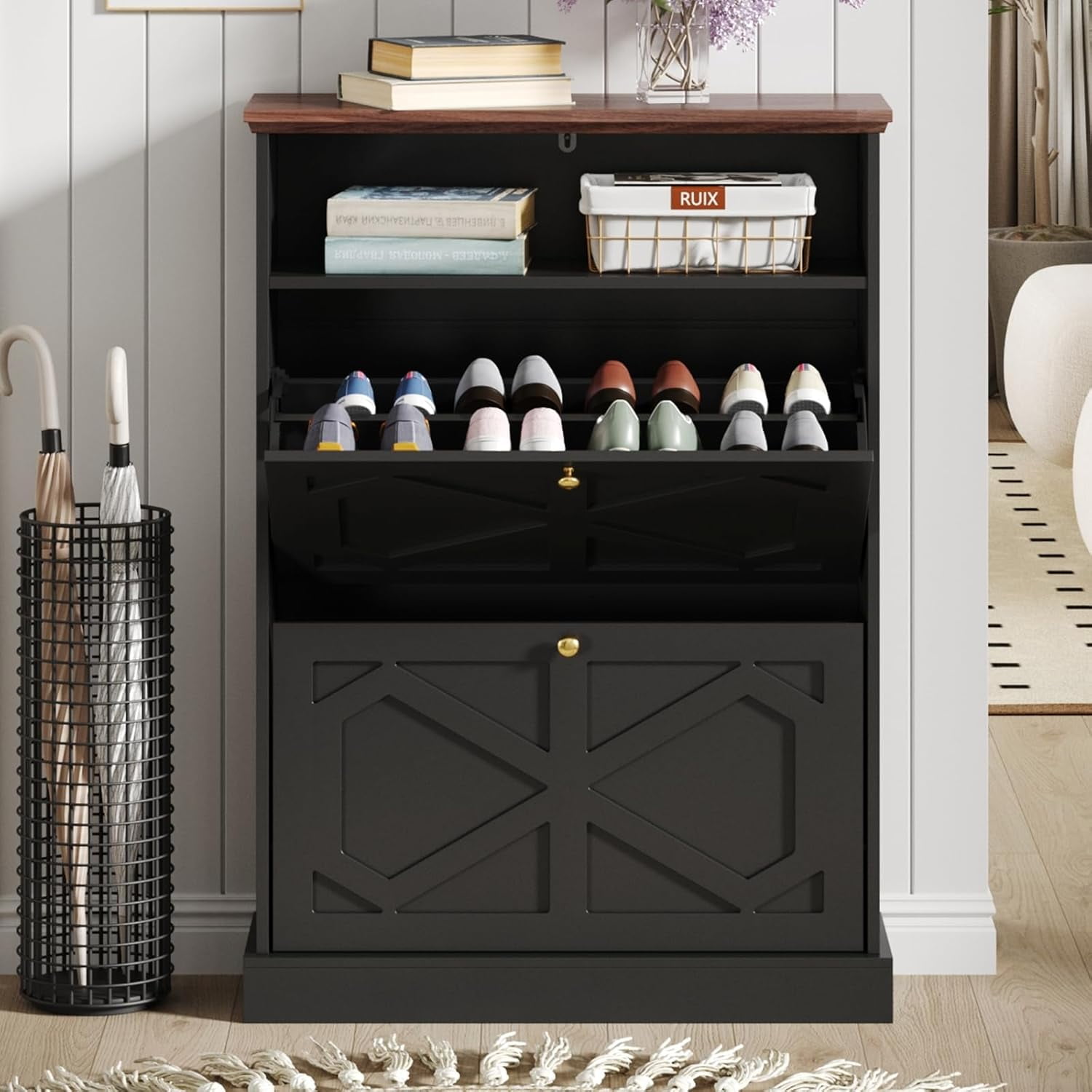 SASYXDC Shoe Storage Cabinet with 2 Flip Drawers Shoe Cabinet with Open ...