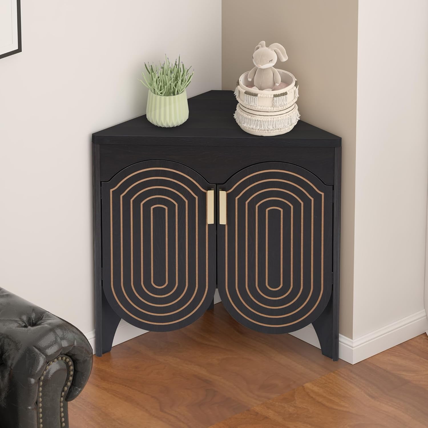 SASYXDC Small Corner Storage Cabinet Mid Century Floor Corner Cabinet with Curved Doors and ...