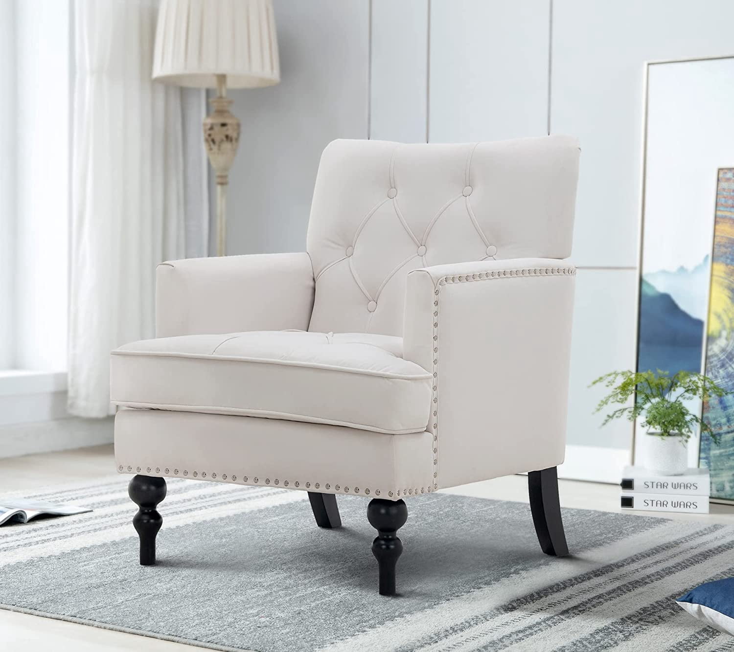 Tufted Club Chair Fabric Accent Single Sofa with Studded Nailhead ...