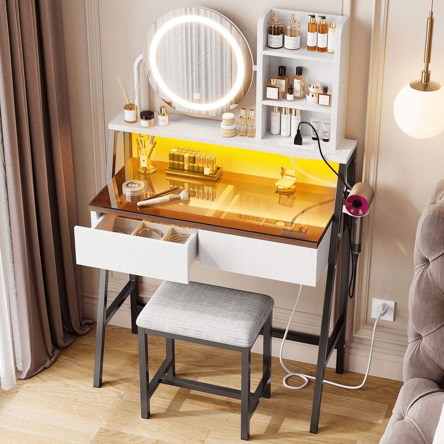 sasyxdc Vanity with Mirror and Lights Makeup Vanity with Storage Shelf ...