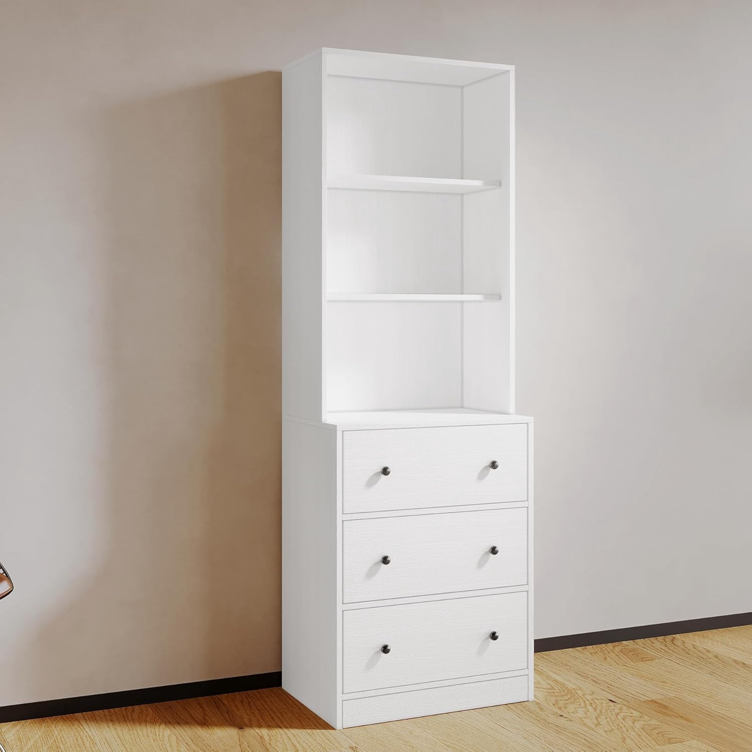 Vertical File Cabinet 3-Tier Modern Bookshelf with 3 Large Drawer Wood ...