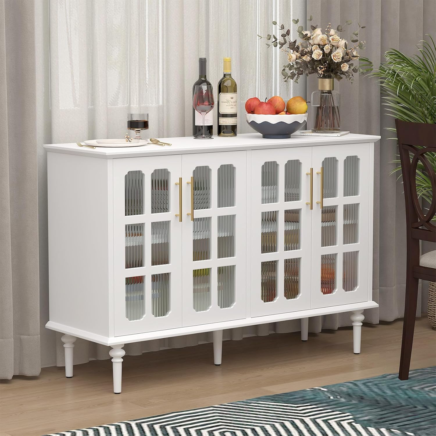 SASYXDC Vintage Buffet Cabinet with 4 Lattice Glass Door Wooden Accent ...