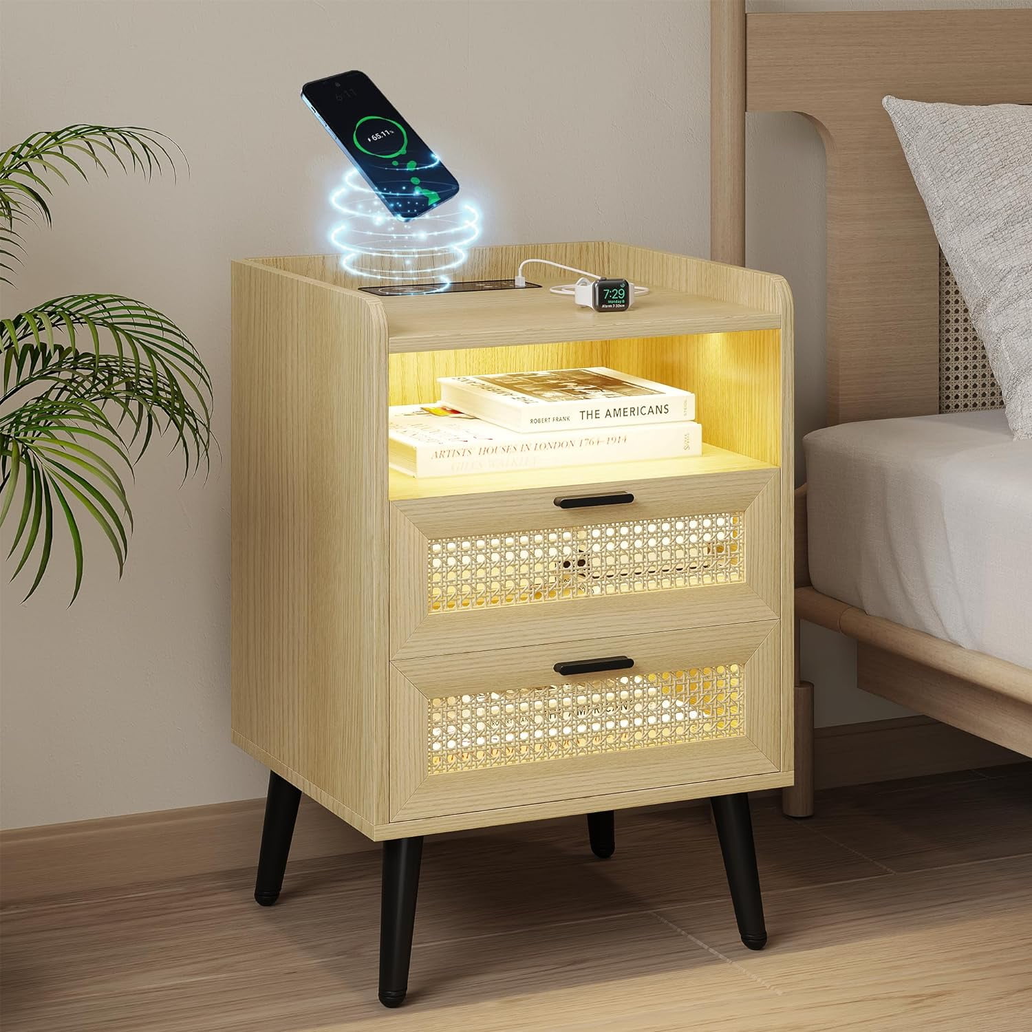 SASYXDC Vlskra Rattan Nightstand with Charging Station Boho Night Stand ...