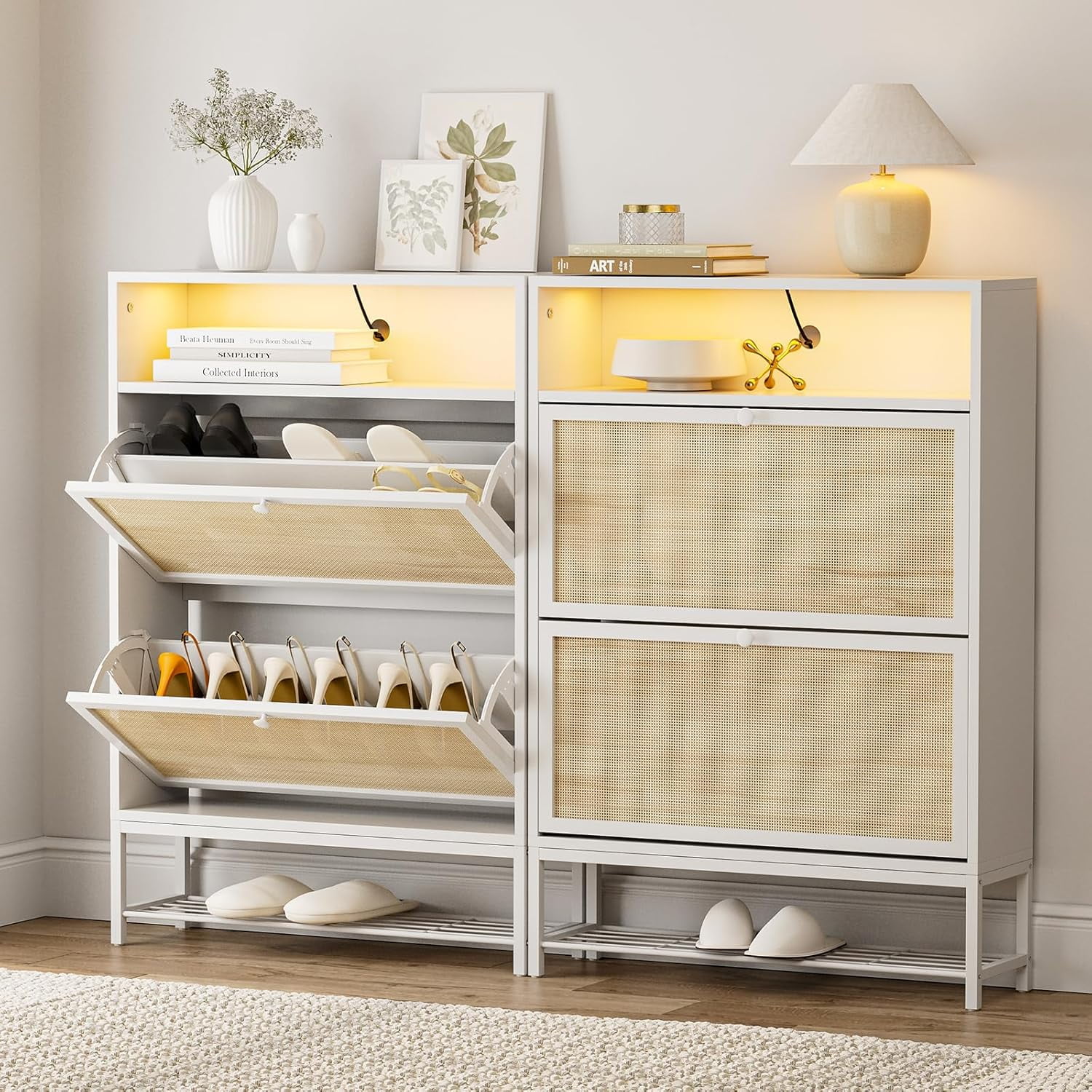 SASYXDC White Rattan Shoe Cabinet with LED Light Shoe Cabinet with 2 ...