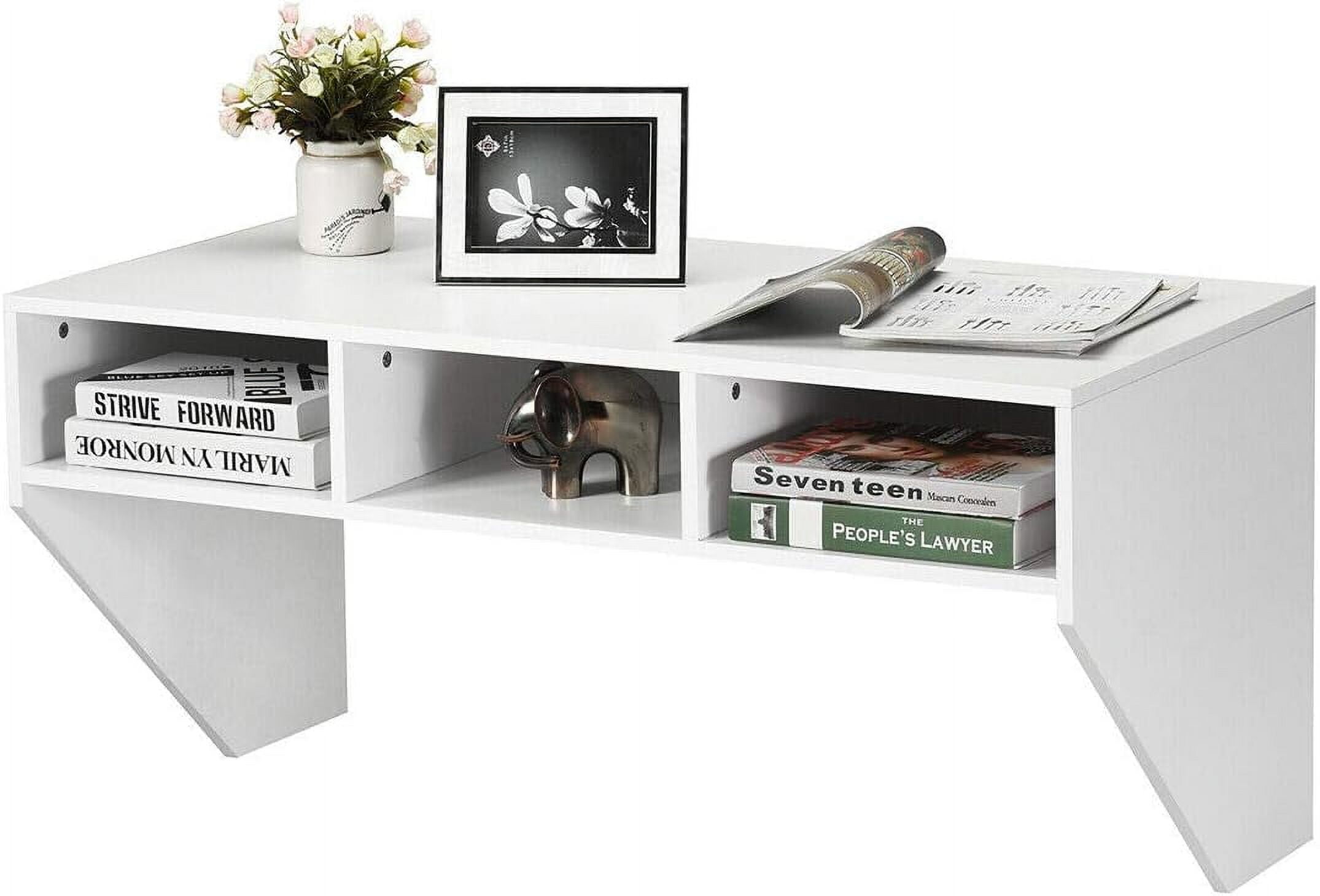 White Wall Mounted Floating Computer Table 3 Compartments Storage Shelf ...