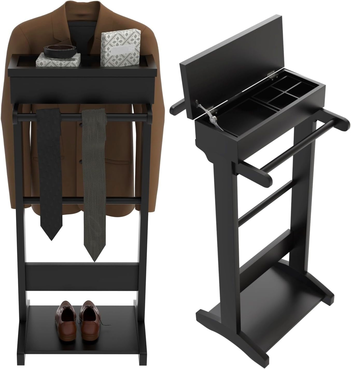 SASYXDC Wooden Valet Stand Clothes with Shoe Shelf Coat Hanger and Hat ...