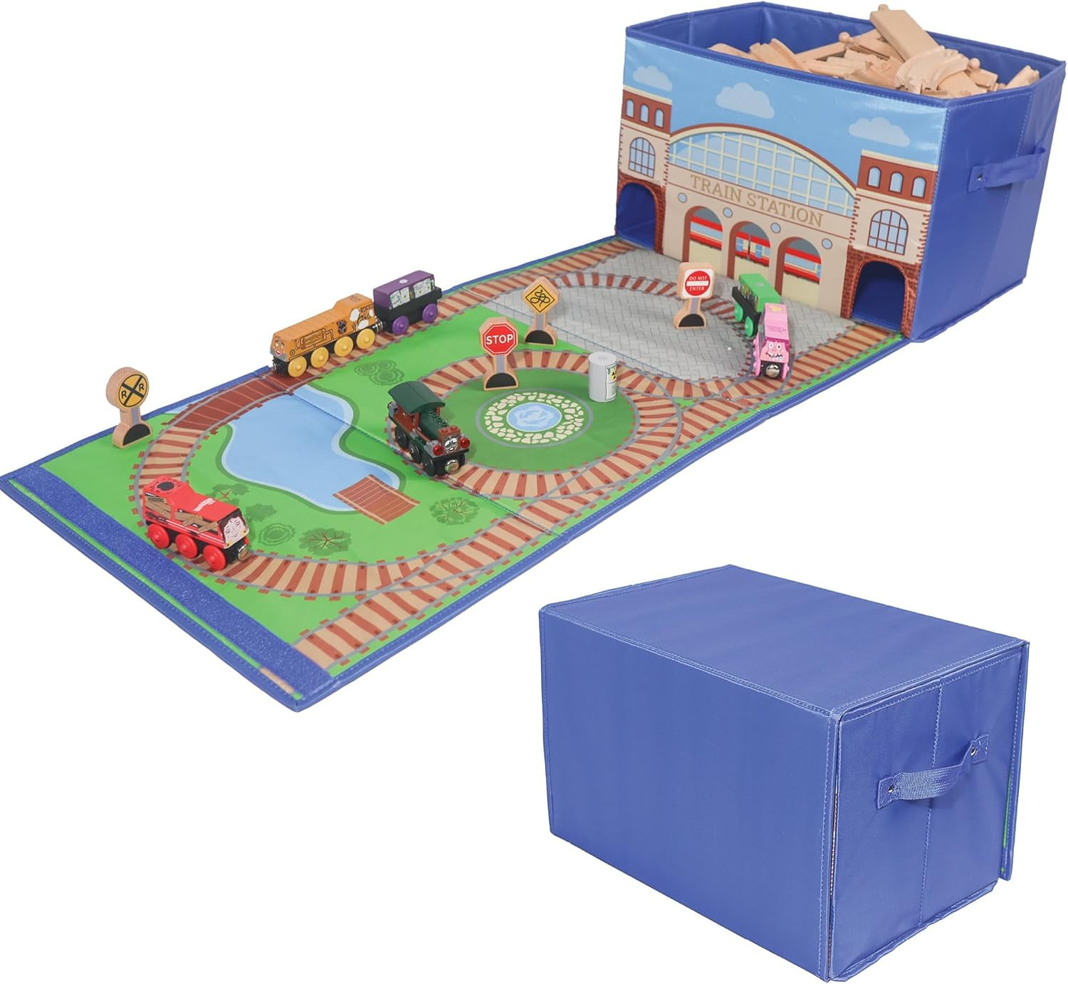 SASYXDC Zany Trains - Train Storage Bin and Play Mat - Wooden Railway ...