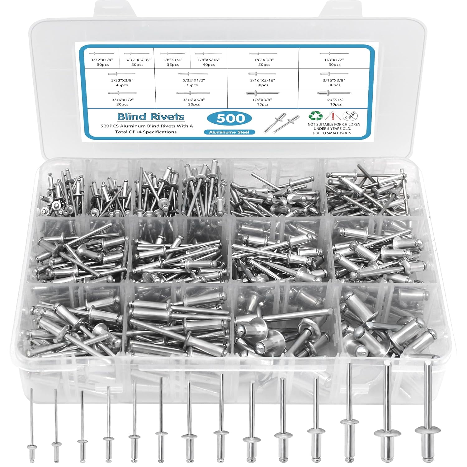 SATANTECH 500pcs Pop Rivets Assortment Kit14 SAE Sizes Aluminum Rivets ...