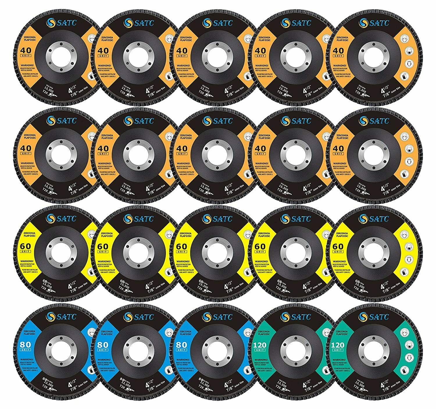 SATC 20 Pack 4-1/2" X 7/8" Premium Zirconia T29 Flap Disc 40 60 80 120 ...