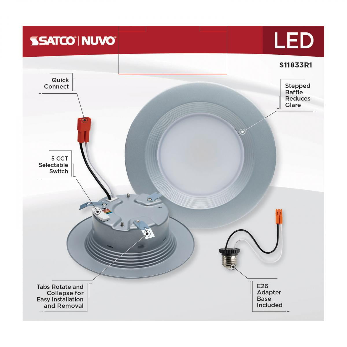 SATCO S11833R1, 6.7 Watt; Dimmable LED Downlight Retrofit; 4 Inch; CCT ...