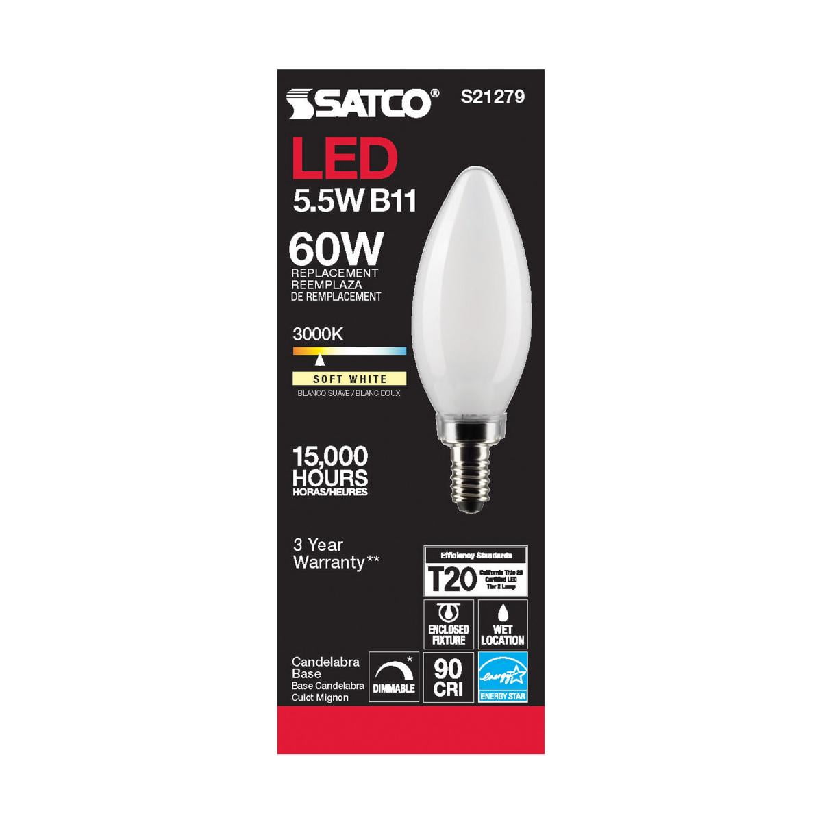 Satco S21279 5.5W 120V B11 LED Light Bulbs 3000K 500 Lumen E12 ...