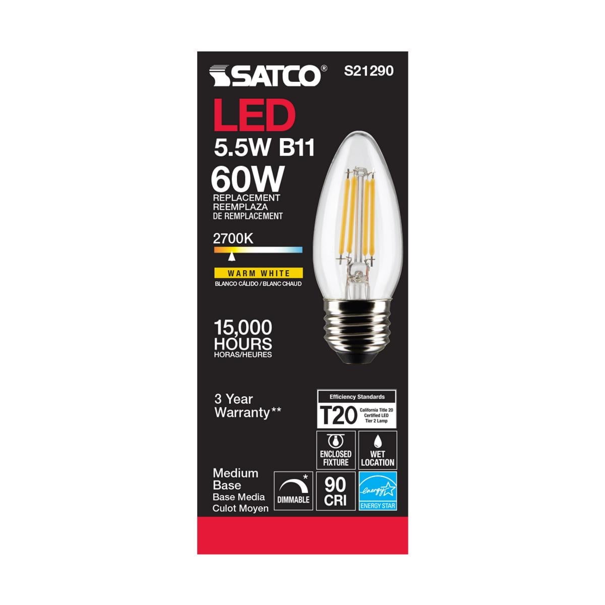 SATCO S21290 5.5W 120V B11 2700K 500 Lumen LED E26 Medium Base Light Bulb Dimmable (6 Pack ...