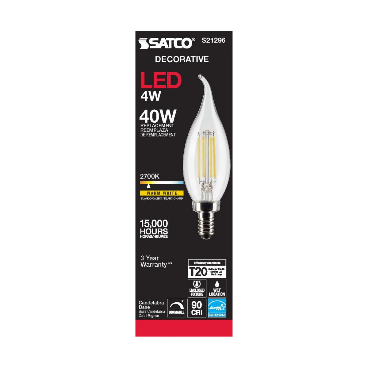 SATCO S21296 4W 120V CA10 2700K 350 Lumen LED E12 Candelabra Base Light Bulb Dimmable (6 Pack ...
