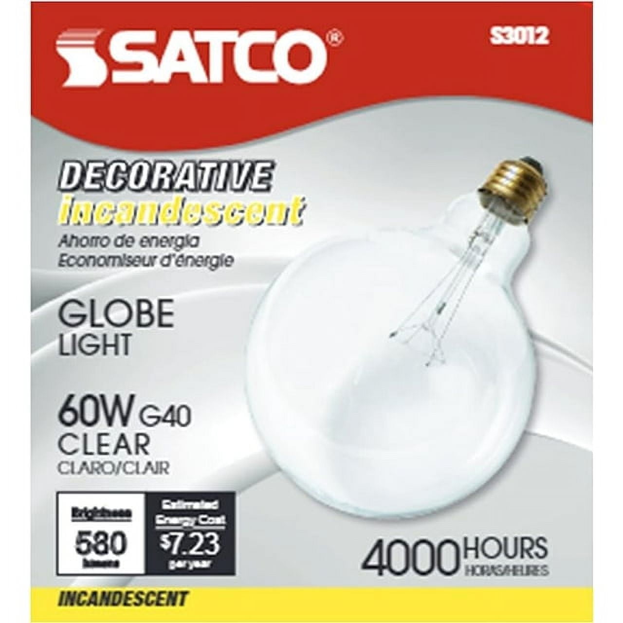 Satco S3012 Incandescent G40 Globe Bulb 60W 120V 2700K 580L E26 Medium ...