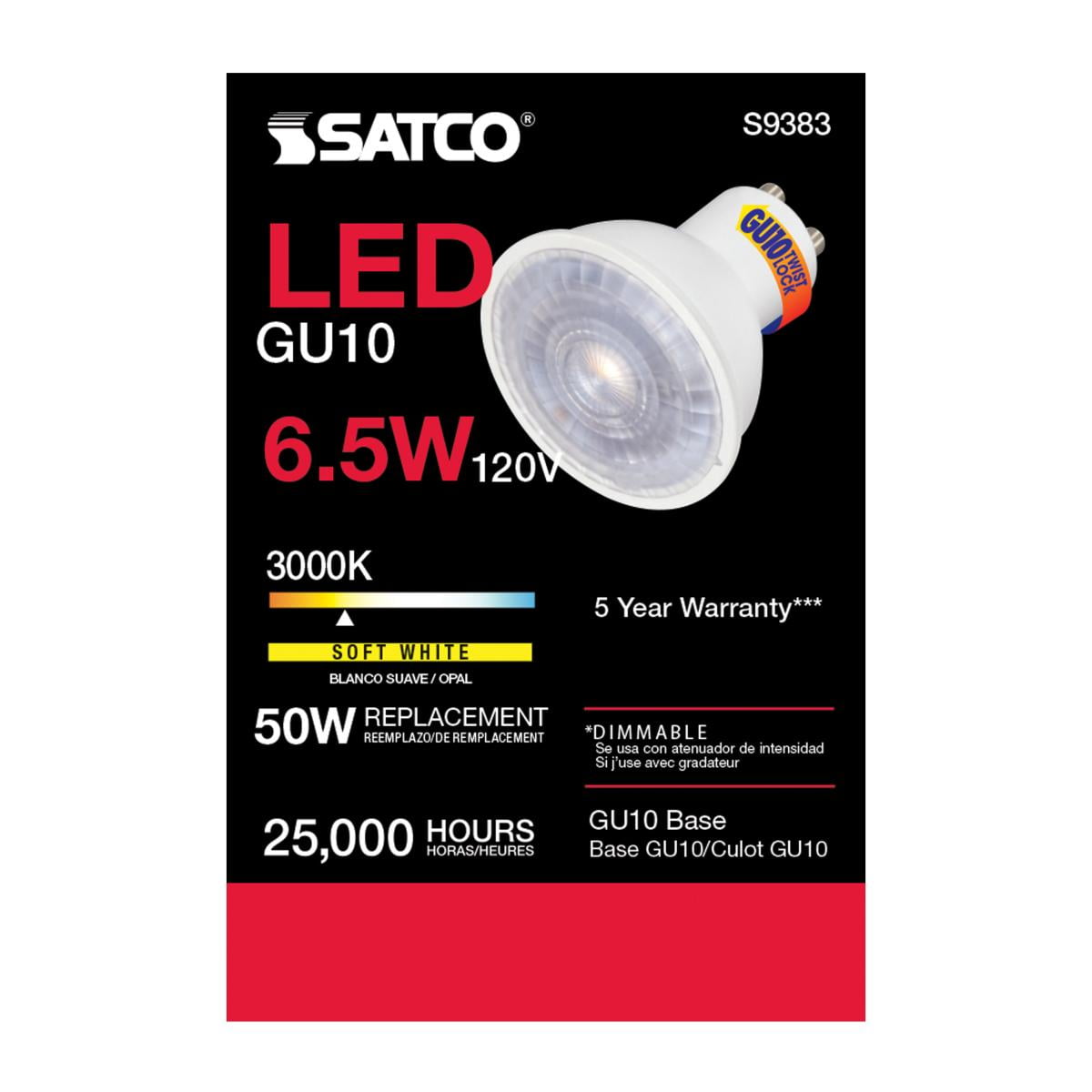 SATCO S9383 6.5W 120V MR16 Flood LED Bulb 40 Degree GU10 Base 3000K (12 ...