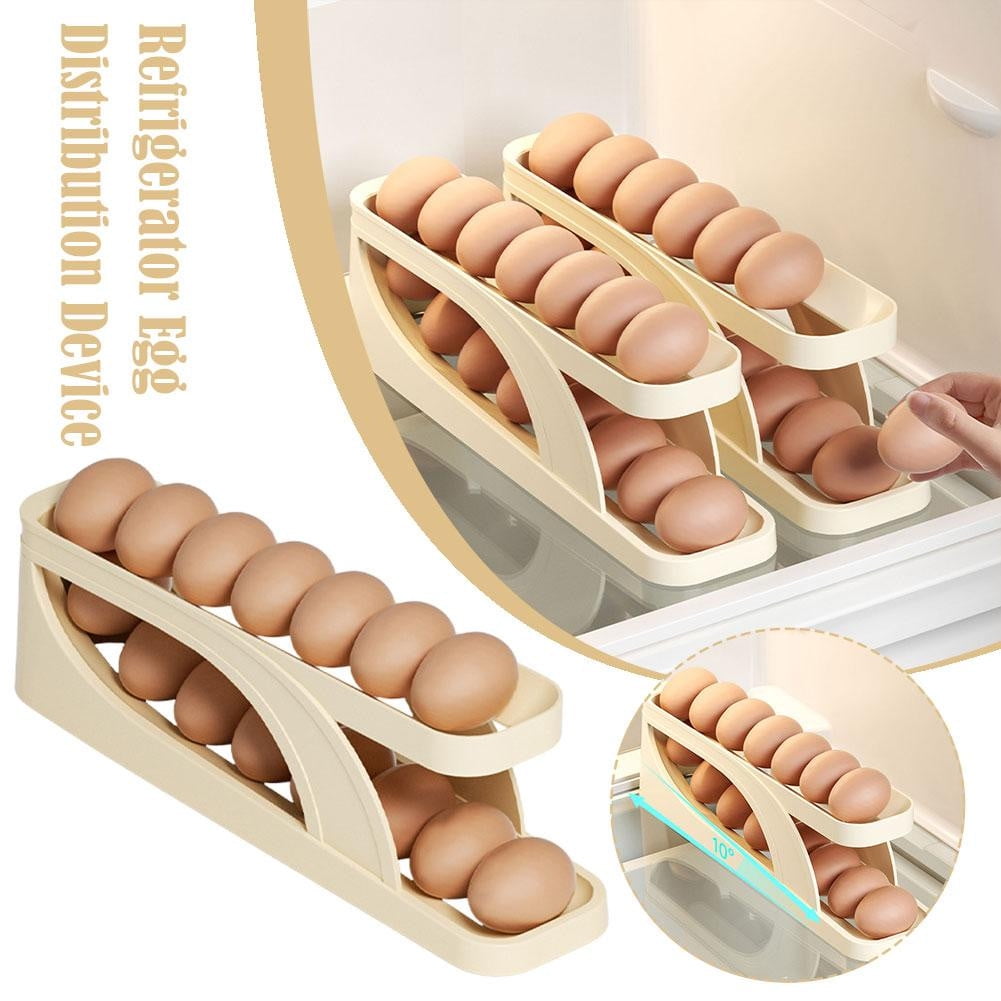 SATRINO Two-Layer Egg Storage Rack, Auto Rolling Fridge Egg Organizer ...