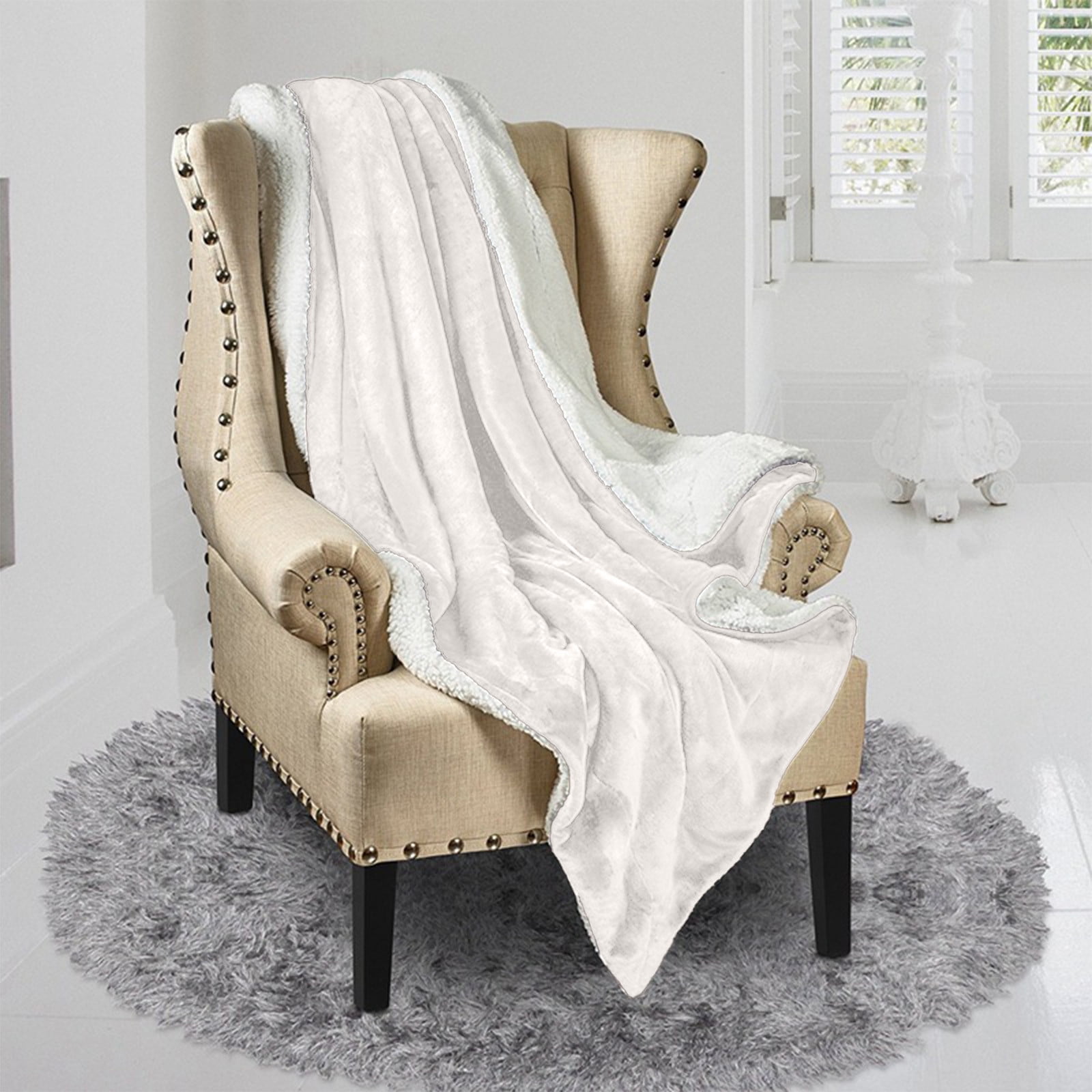 SATRINO White Faux Fur Throw Blanket,2 Layers,51" x 63", White Soft ...