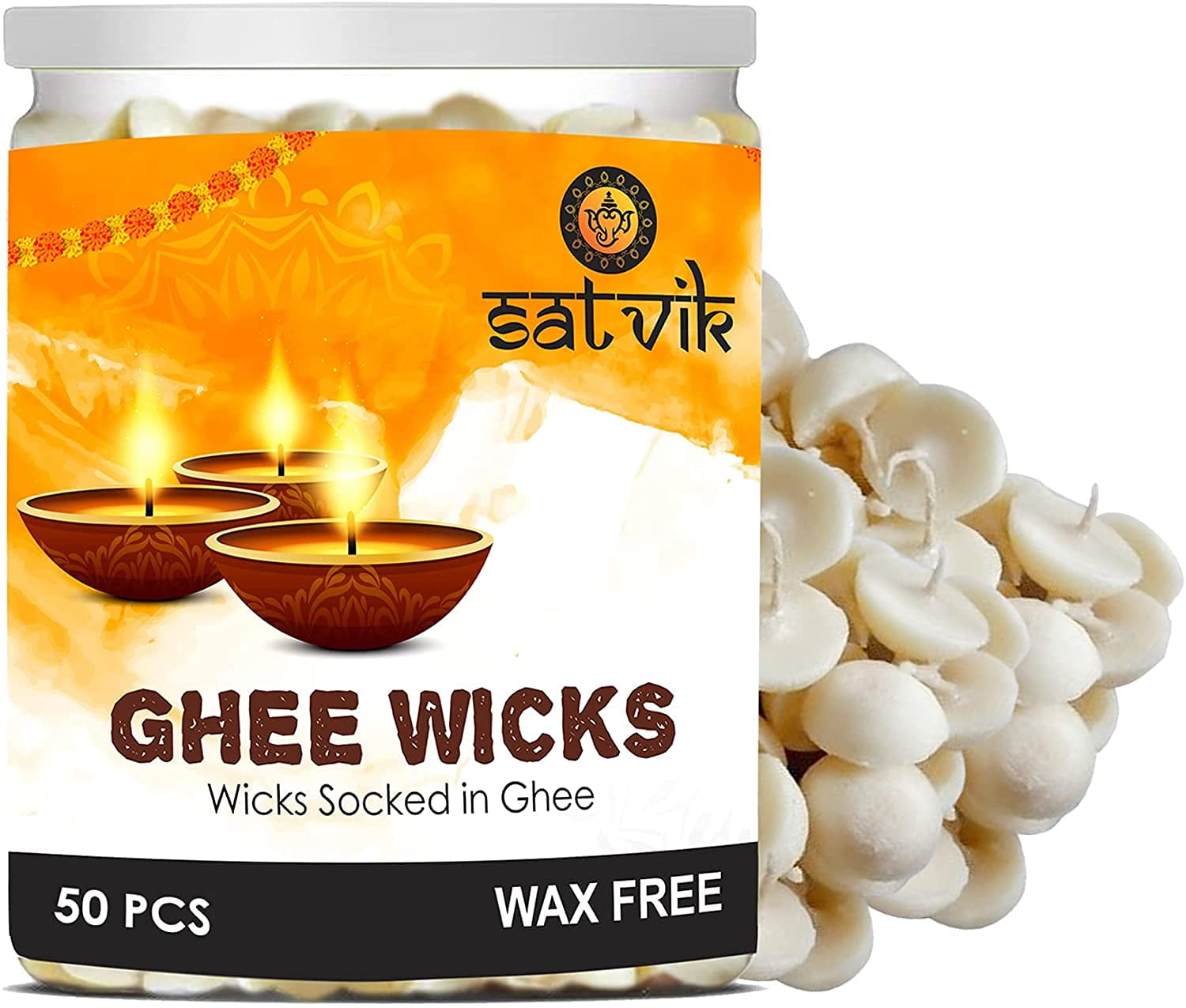 SATVIK 50 Pc Pure Ghee Wicks for Puja (Upto 30 Mins) Pooja Home and ...