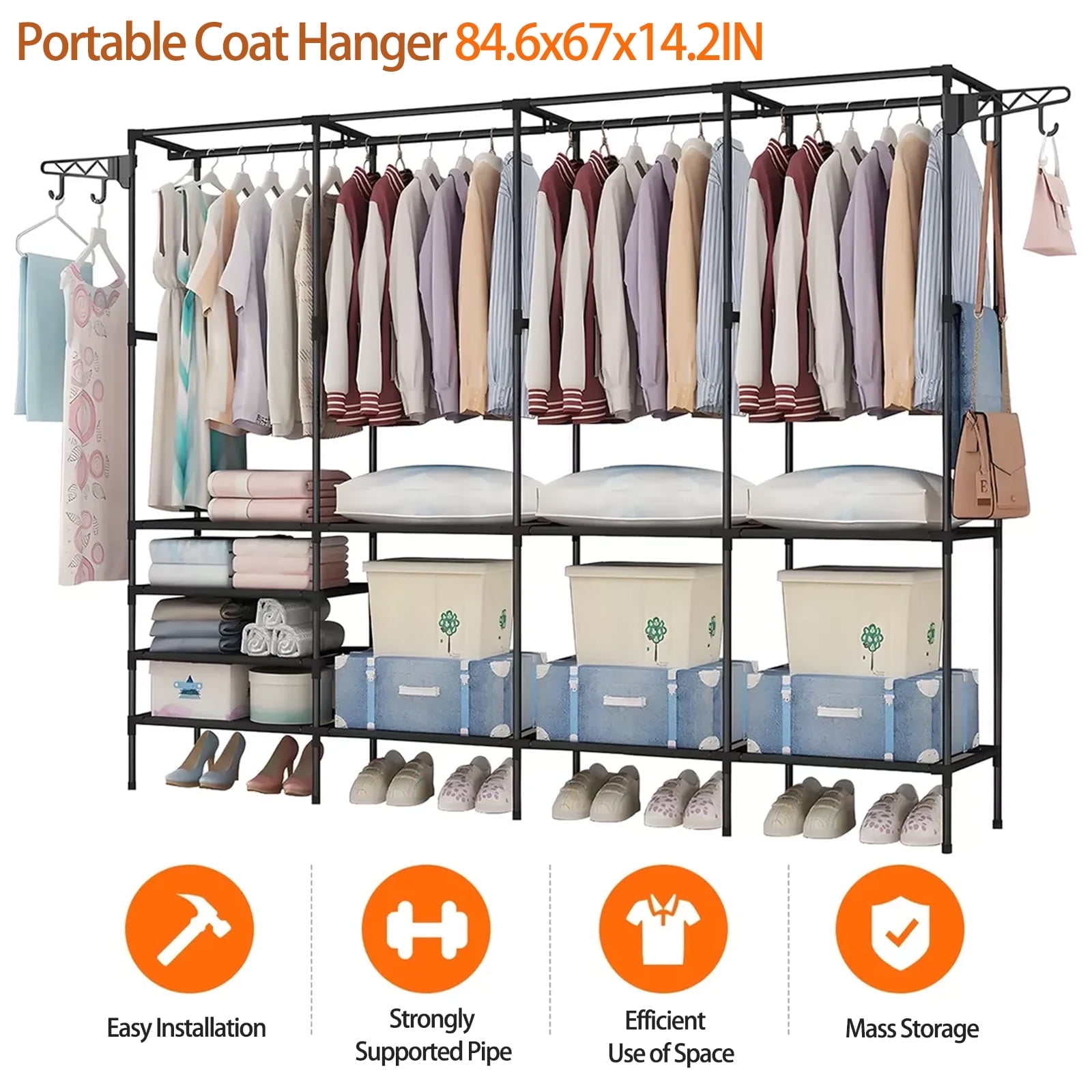 "SAVALETOR Free Standing Wardrobe Rack, 84.6"" Portable Adjustable ...