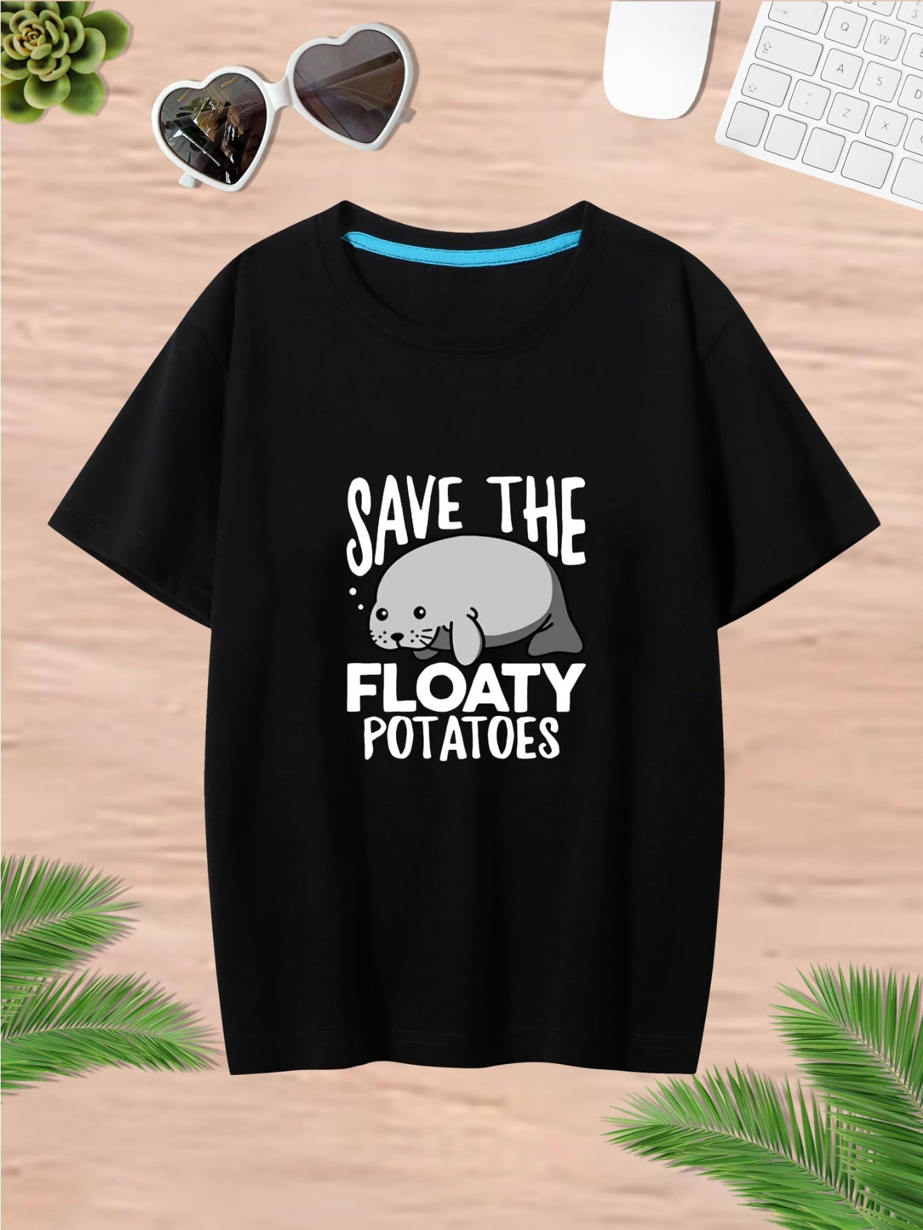 SAVE THE FLOATY POTATOES & Cartoon Sea Lion Graphic Print Tee, Girls ...