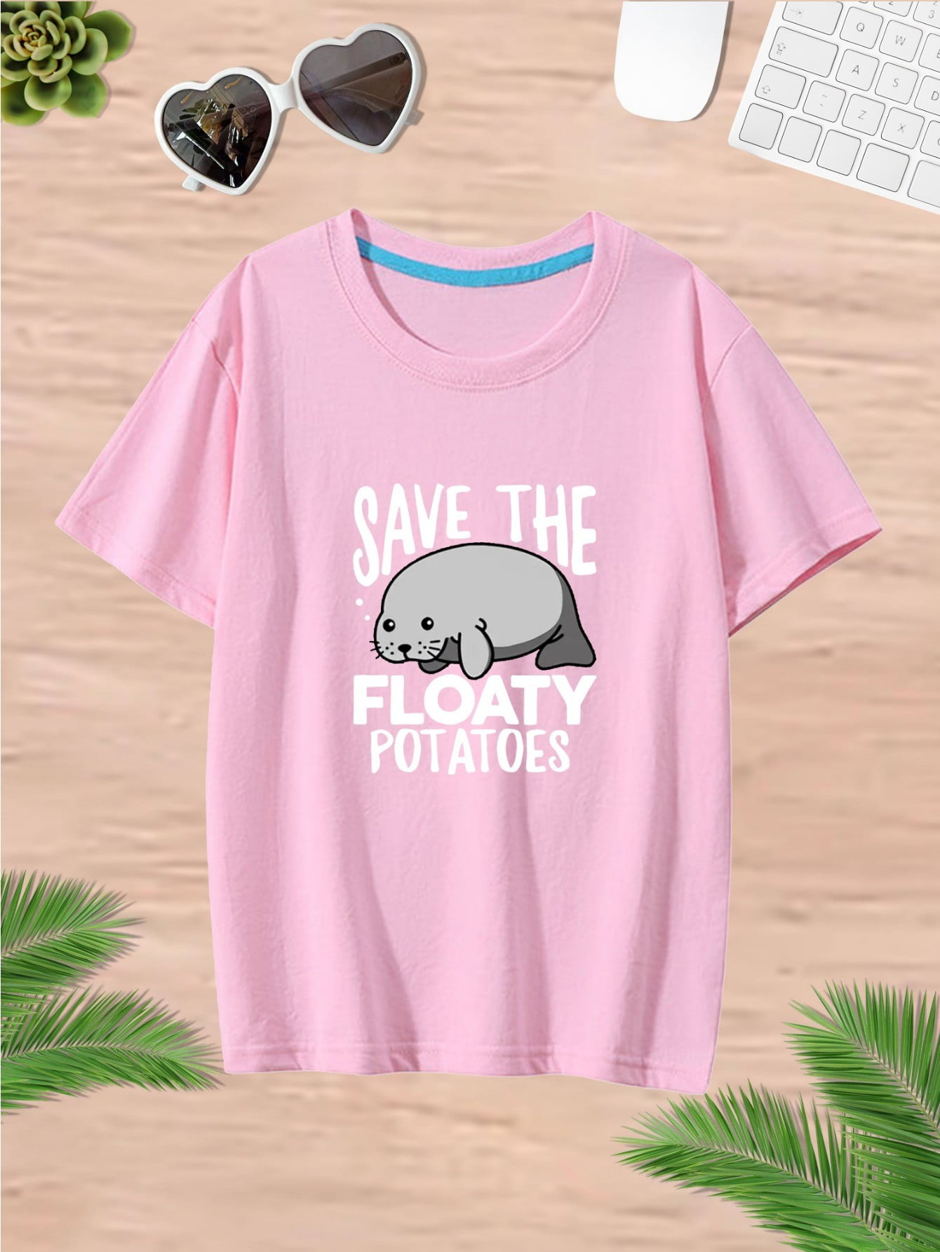 SAVE THE FLOATY POTATOES & Cartoon Sea Lion Graphic Print Tee, Girls ...