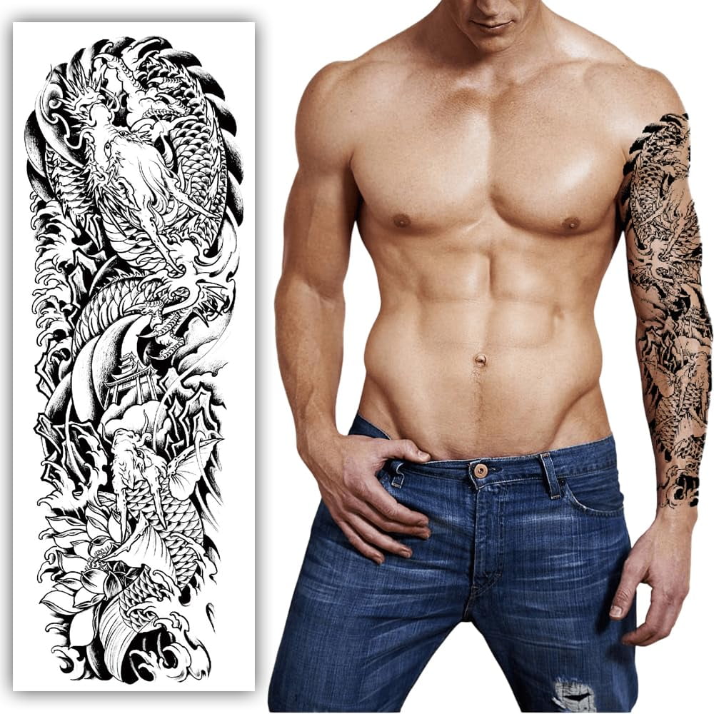 SAVI Full Arm Temporary Tattoo for Men Black Dragon Phoenix Design 48x17 cm Waterproof ...