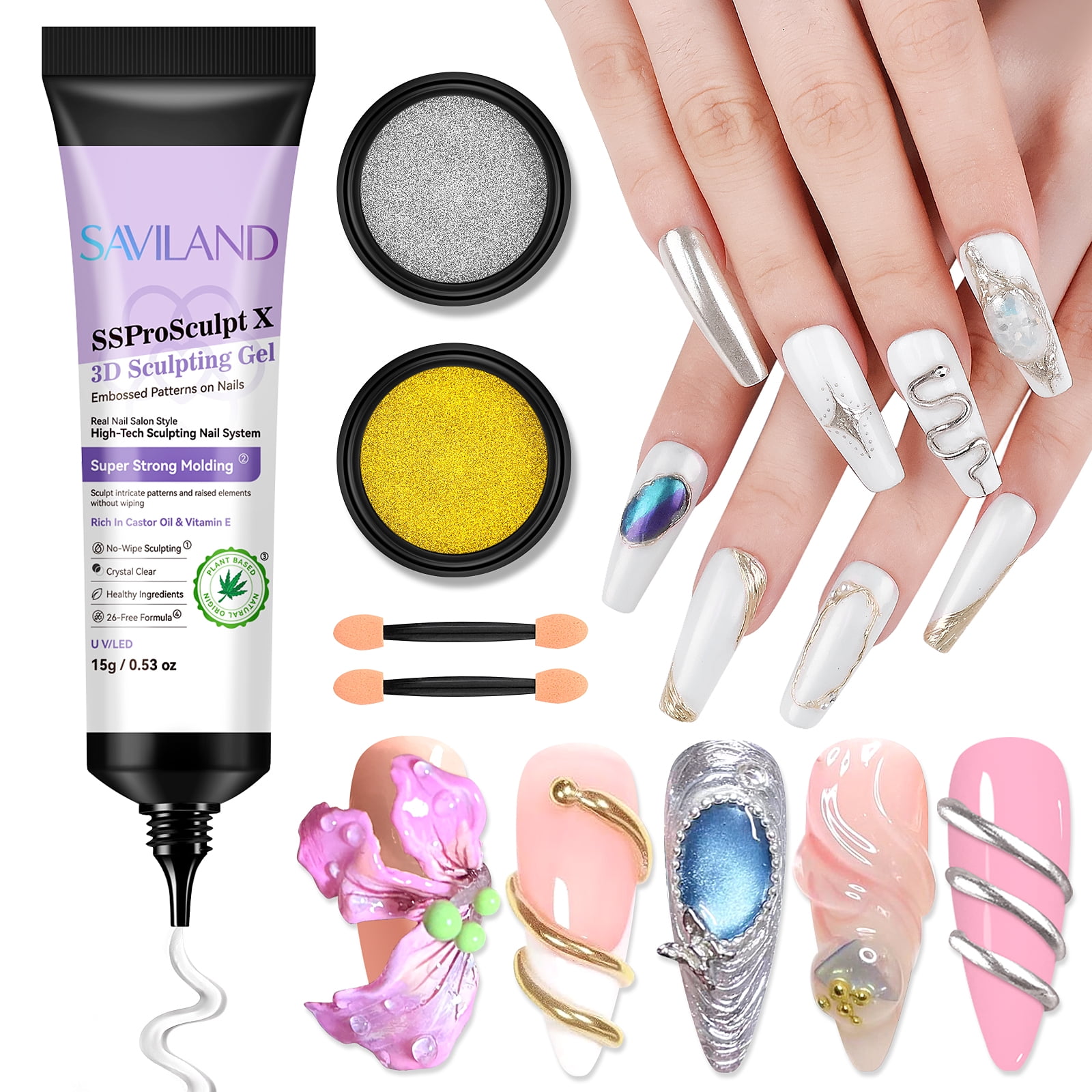 SAVILAND 3D Sculpting Gel and Chrome Nail Powder Kit: 15g No Wipe Clear 3D Nail Gel for Nail Art ...