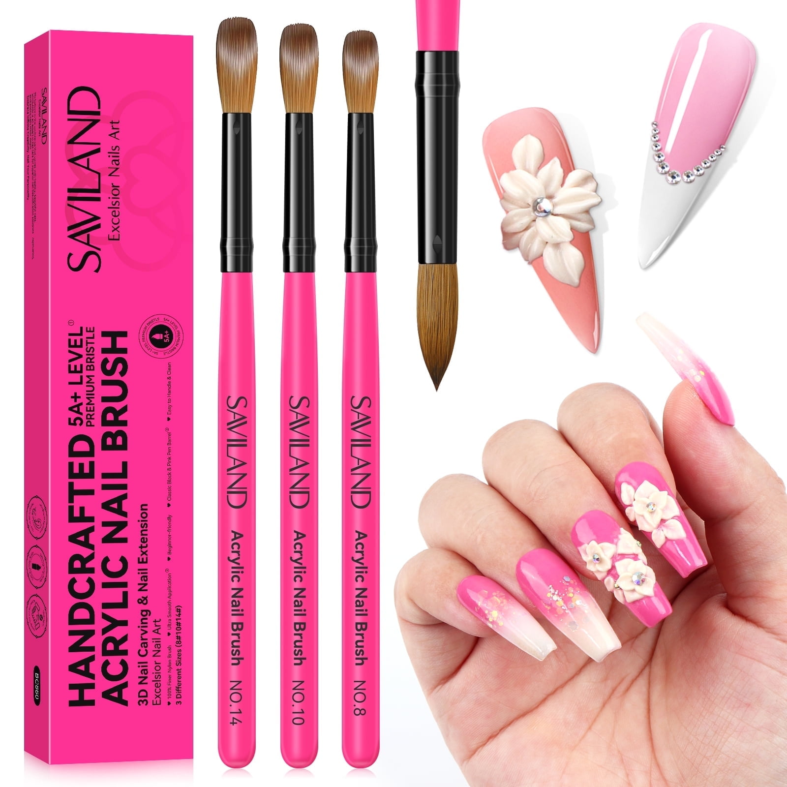 SAVILAND Acrylic Nail Brushes Set: Sizes (8/10/14) Nail Brushes for ...