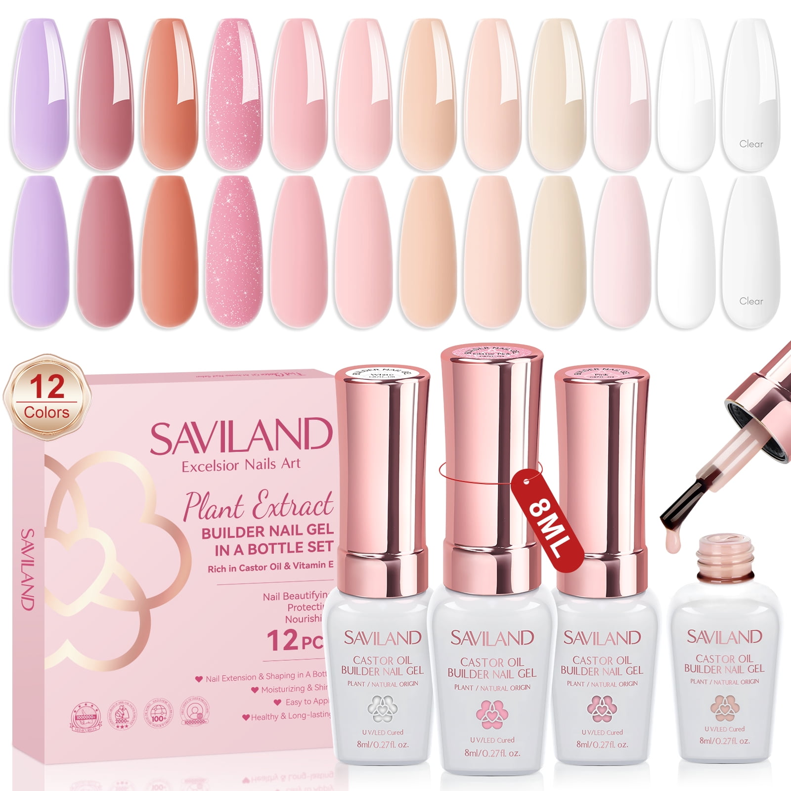 SAVILAND Builder Nail Gel Set: 12 Translucent Colors Castor Oil Gel ...