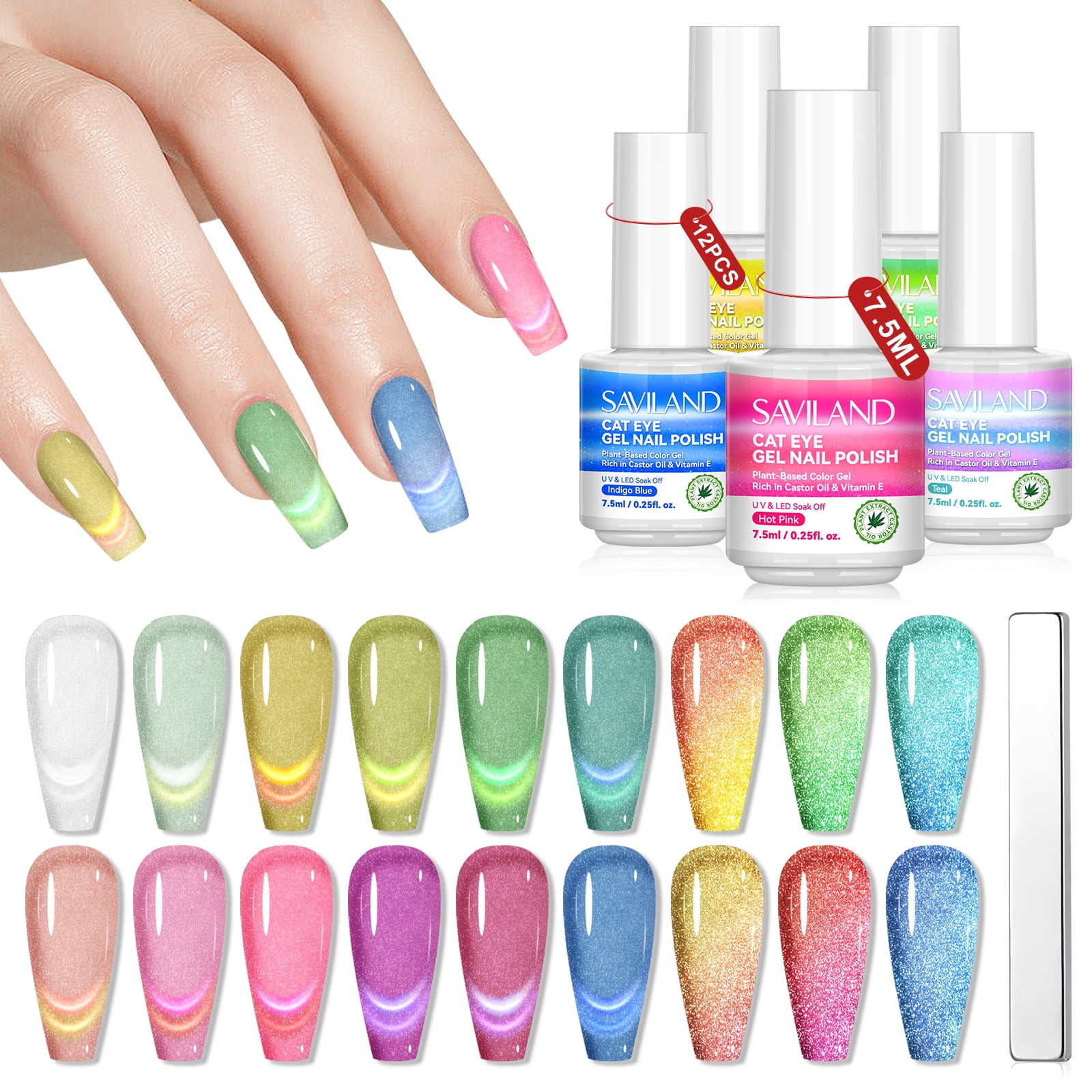 SAVILAND French Cat Eye Gel Nail Polish Set: 12 Colors Glitter Cat Eye ...