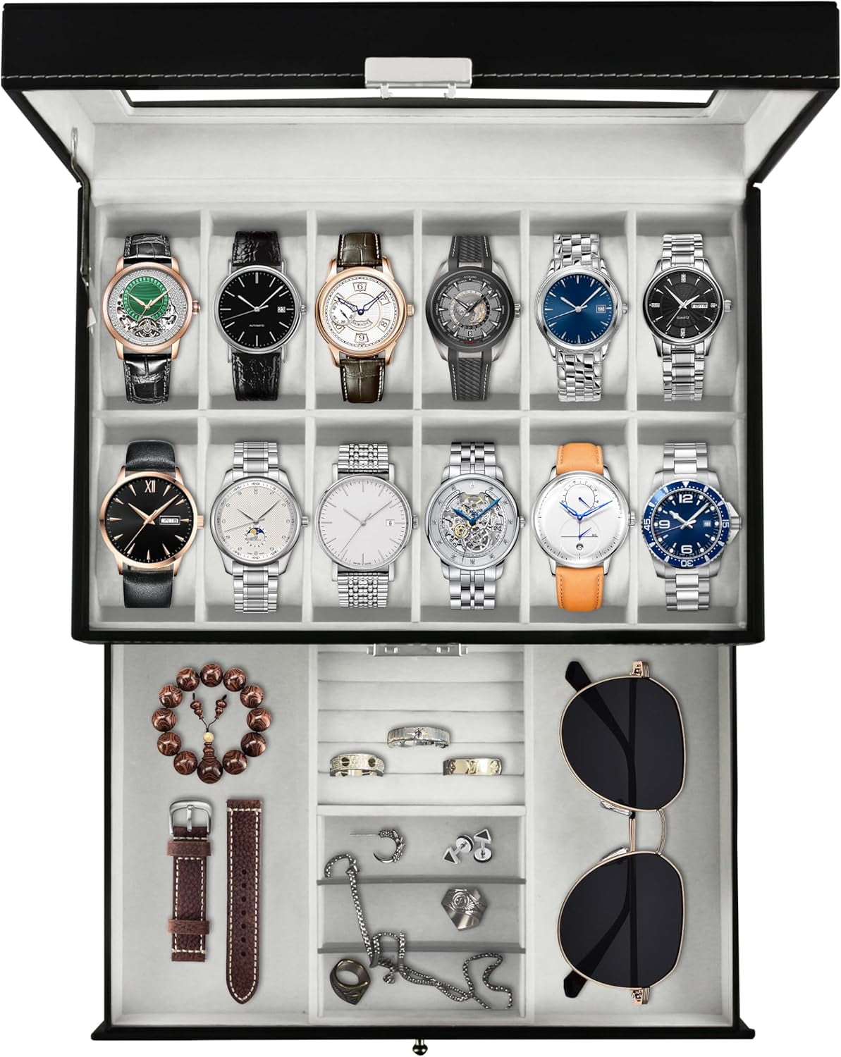 SAVUK 12 Slot PU Leather Lockable Watch Storage Boxes, Men & Women ...