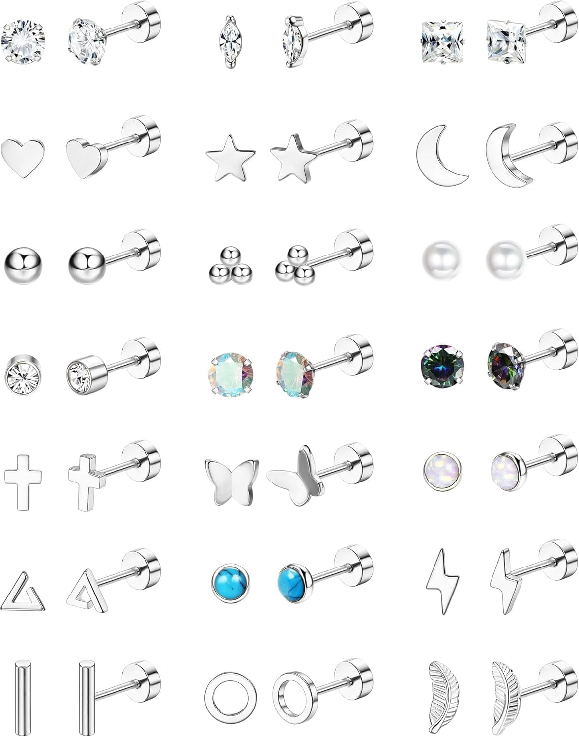 SAVUK 21 Pairs Hypoallergenic Flat Back Stud Earrings for Women Men ...