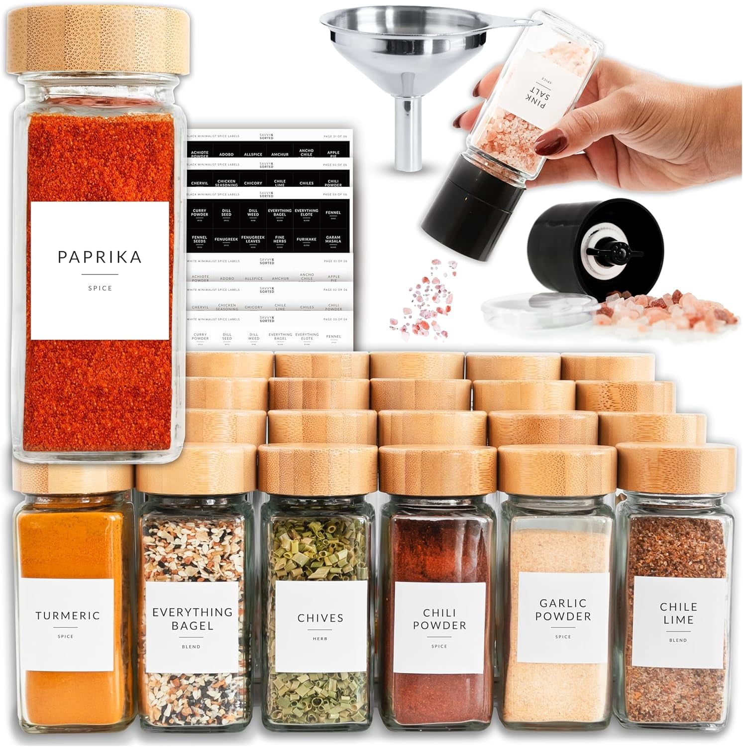 SAVVY & SORTED Glass Spice Jars with Label, 24PK Bamboo Jar Spices Set 4oz, 374 Spice Labels ...
